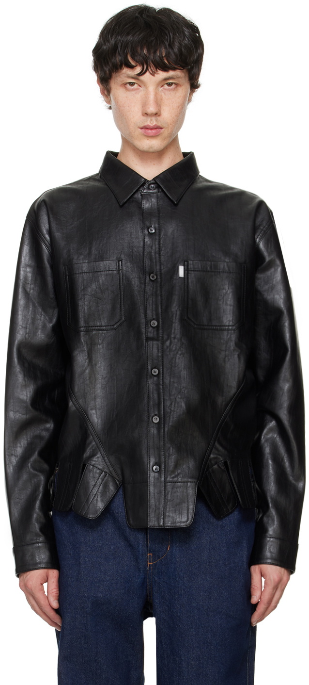 Juntae Kim Black Square Petal Corset Faux-Leather Shirt Juntae Kim