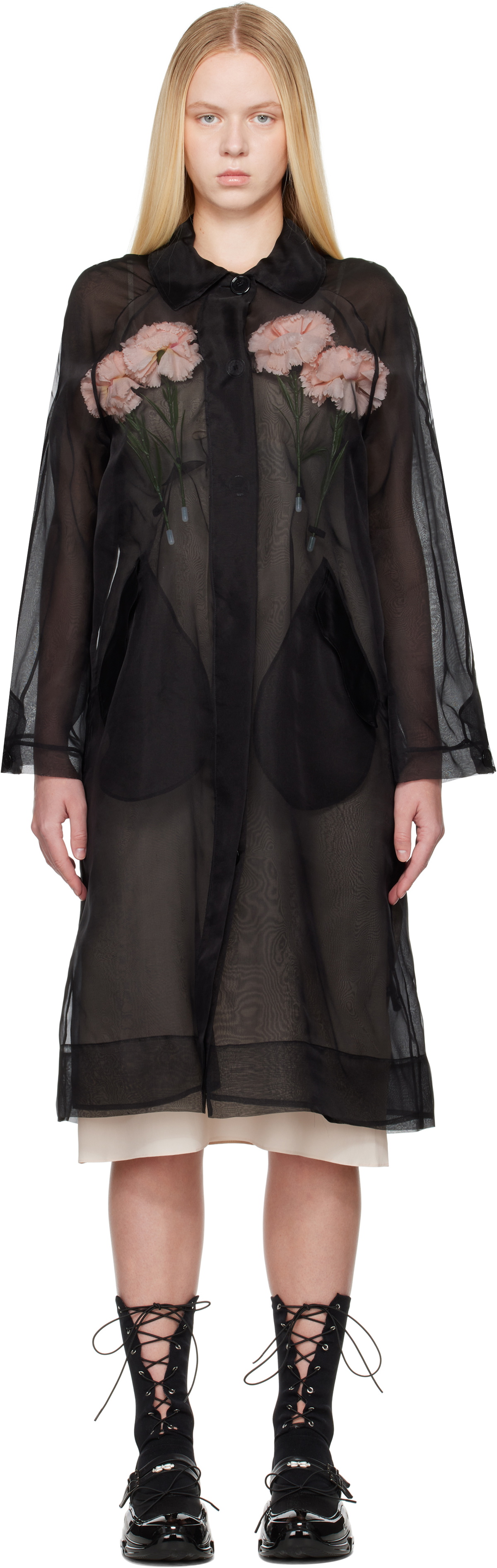 Simone Rocha Black Stuffed Carnation Car Coat Simone Rocha