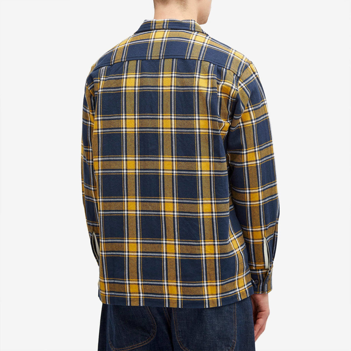 Universal Works Men's Twill Check Utility Overshirt in Yellow/Navy ...