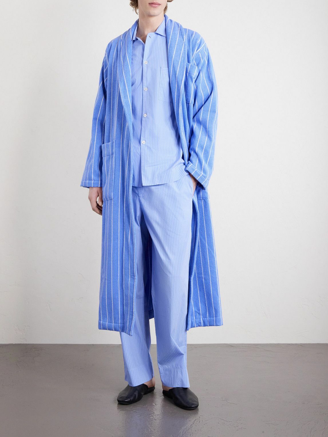 TEKLA - Belted Striped Organic Cotton-Terry Robe - Blue Tekla Fabrics
