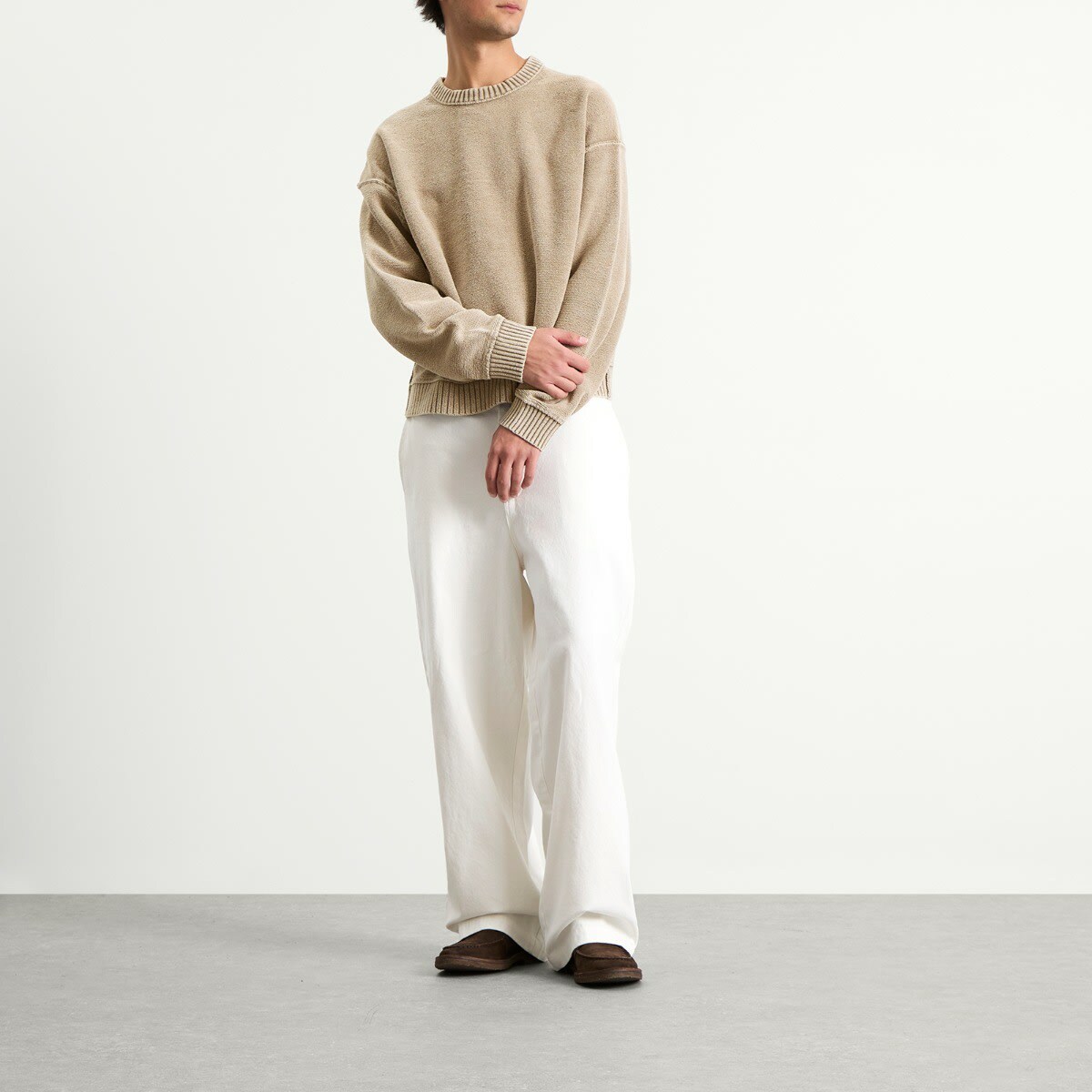 BEAMS Men's Garment Dye Cotton Crew Neck Jumper in Taupe Beams Boy