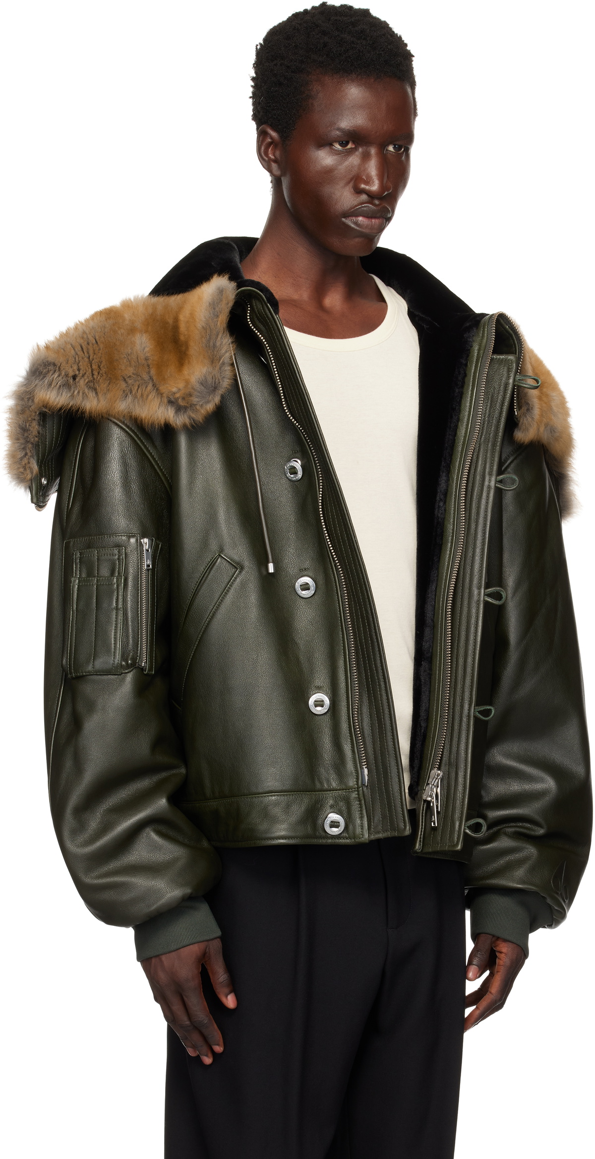 Moose Knuckles Green AJR Split Hood Leather Bomber Jacket Moose Knuckles