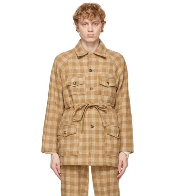 Bode Beige and White Oatmeal Plaid Jacket Bode