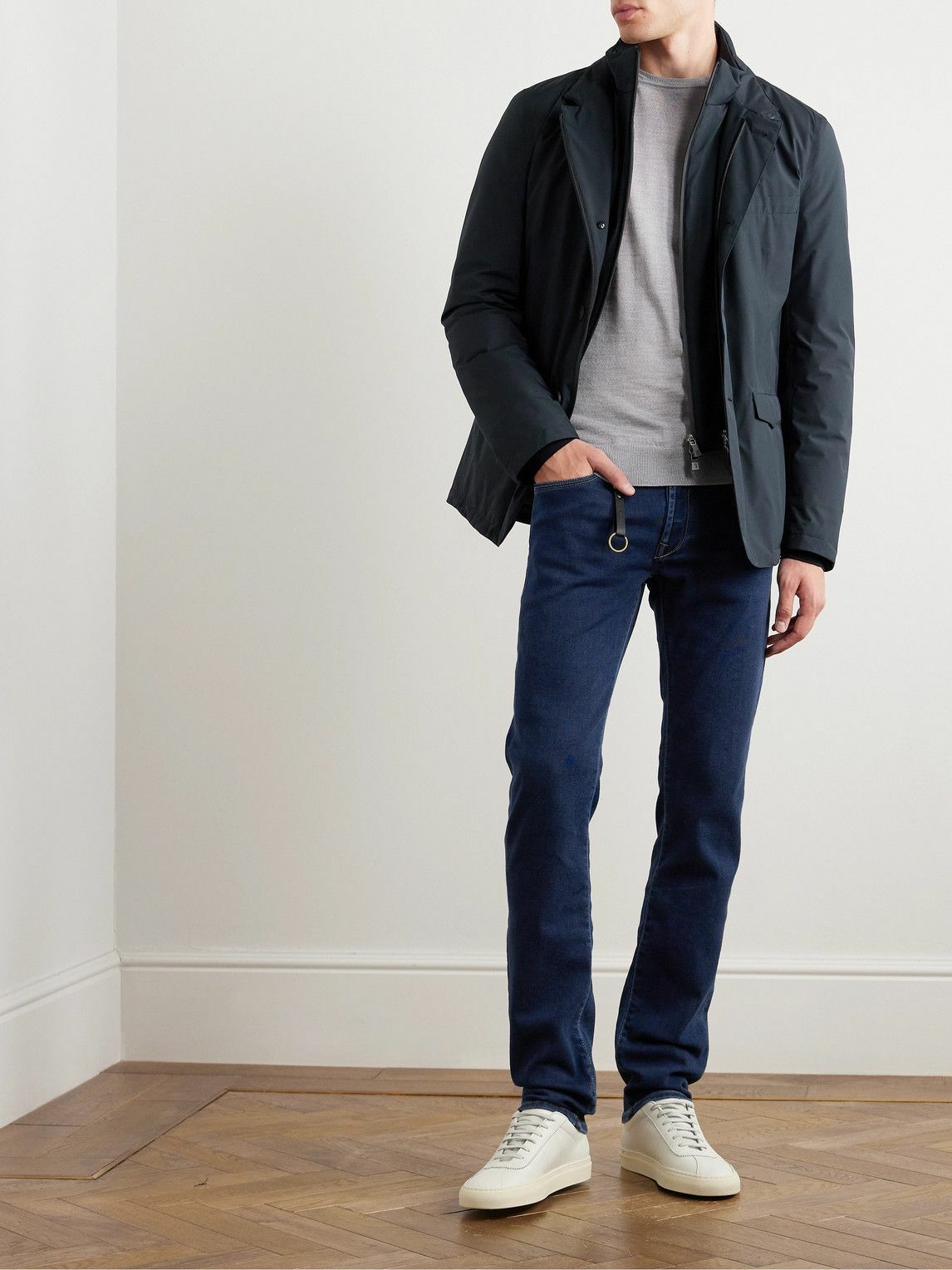 Incotex - Leather-Trimmed Straight-Leg Jeans - Blue Incotex