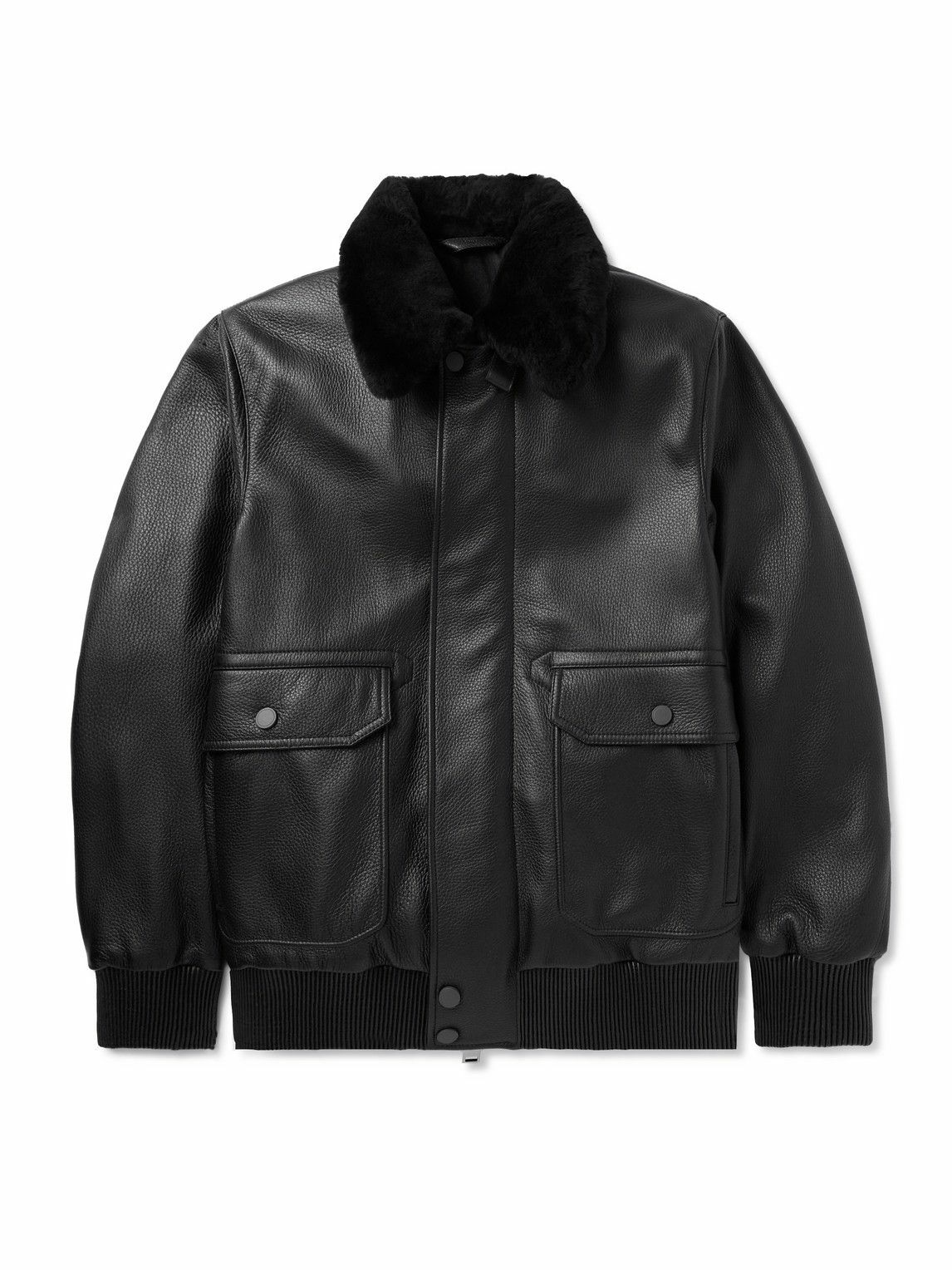 Brioni - Shearling-Trimmed Full-Grain Leather Aviator Jacket - Black Brioni