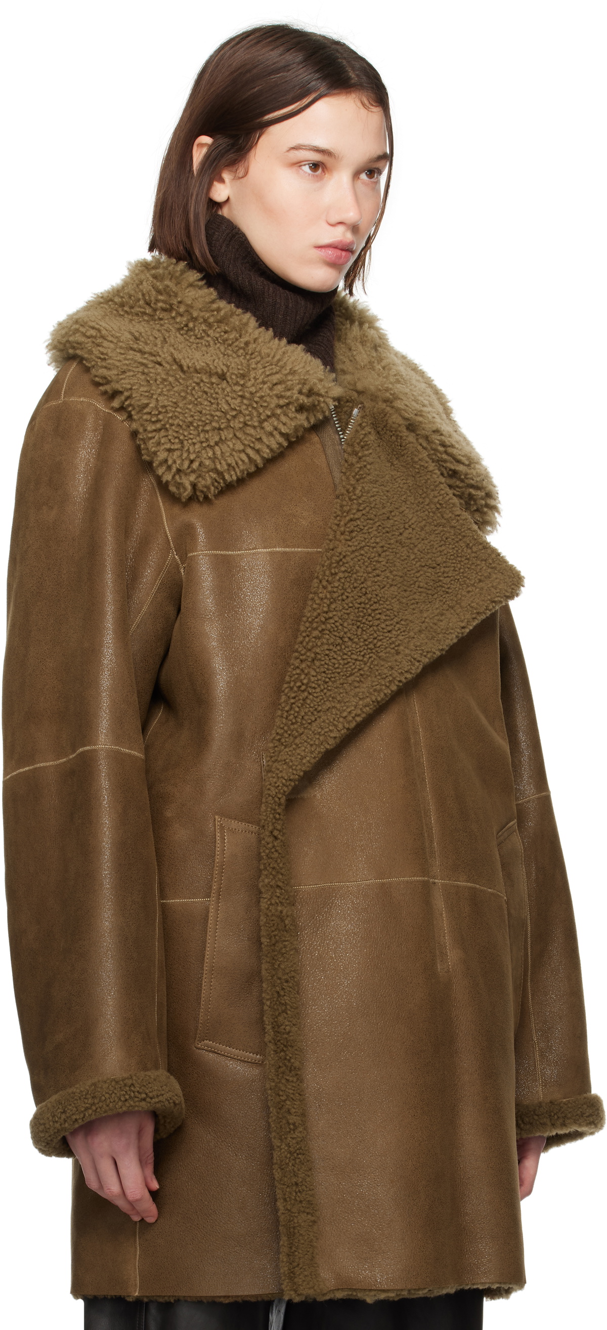 LEMAIRE Brown Asymmetrical Shearling Coat Lemaire