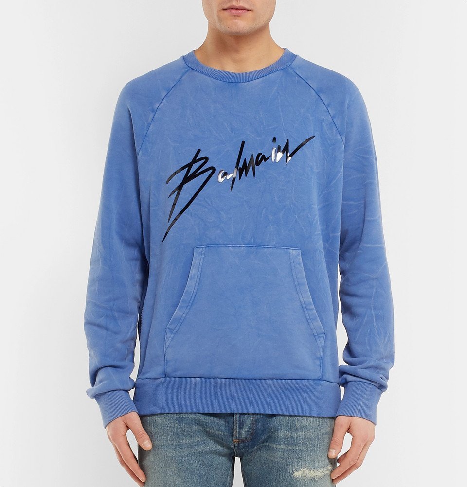Balmain - Logo-Print Washed Cotton-Jersey Sweatshirt - Men - Blue Balmain