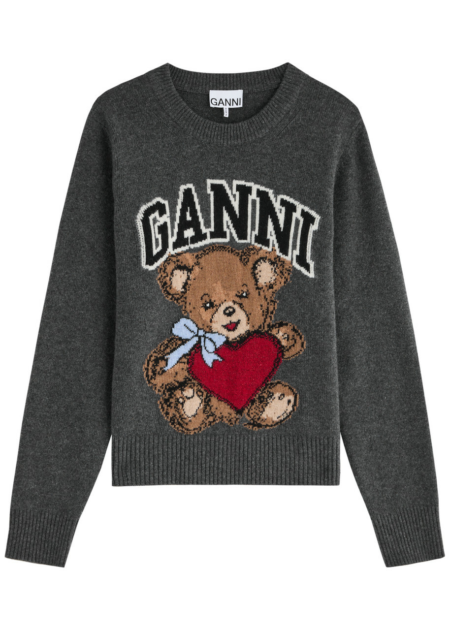 Ganni Logo Graphics-intarsia Wool-blend Jumper Grey GANNI