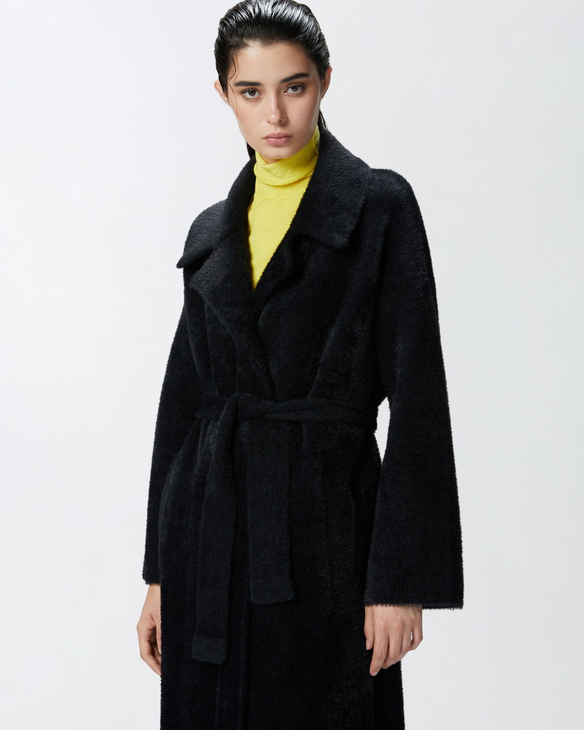 Pinko Faux Fur Wraparound Coat With Belt Limo Black Pinko