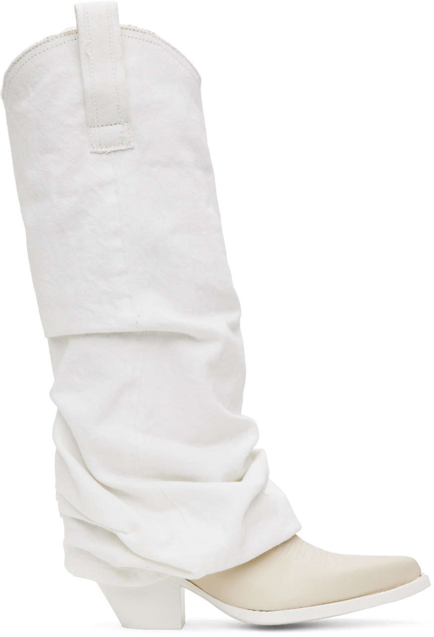 R13 White & Off-White Mid Cowboy Denim Sleeve Boots R13
