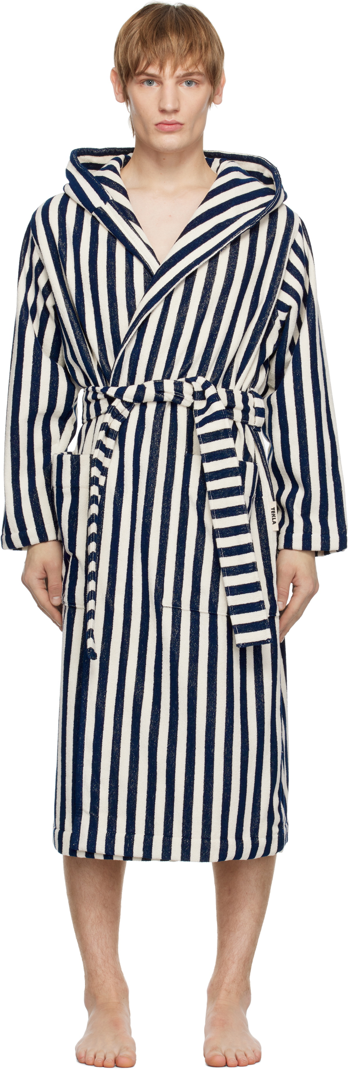 Tekla Navy & White Terry Hooded Bathrobe Tekla Fabrics
