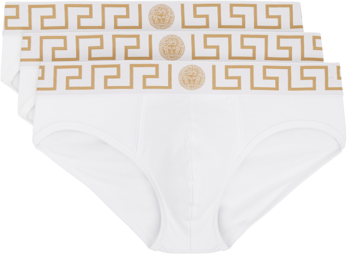 Versace Underwear Three-Pack White Greca Border Briefs Versace Underwear