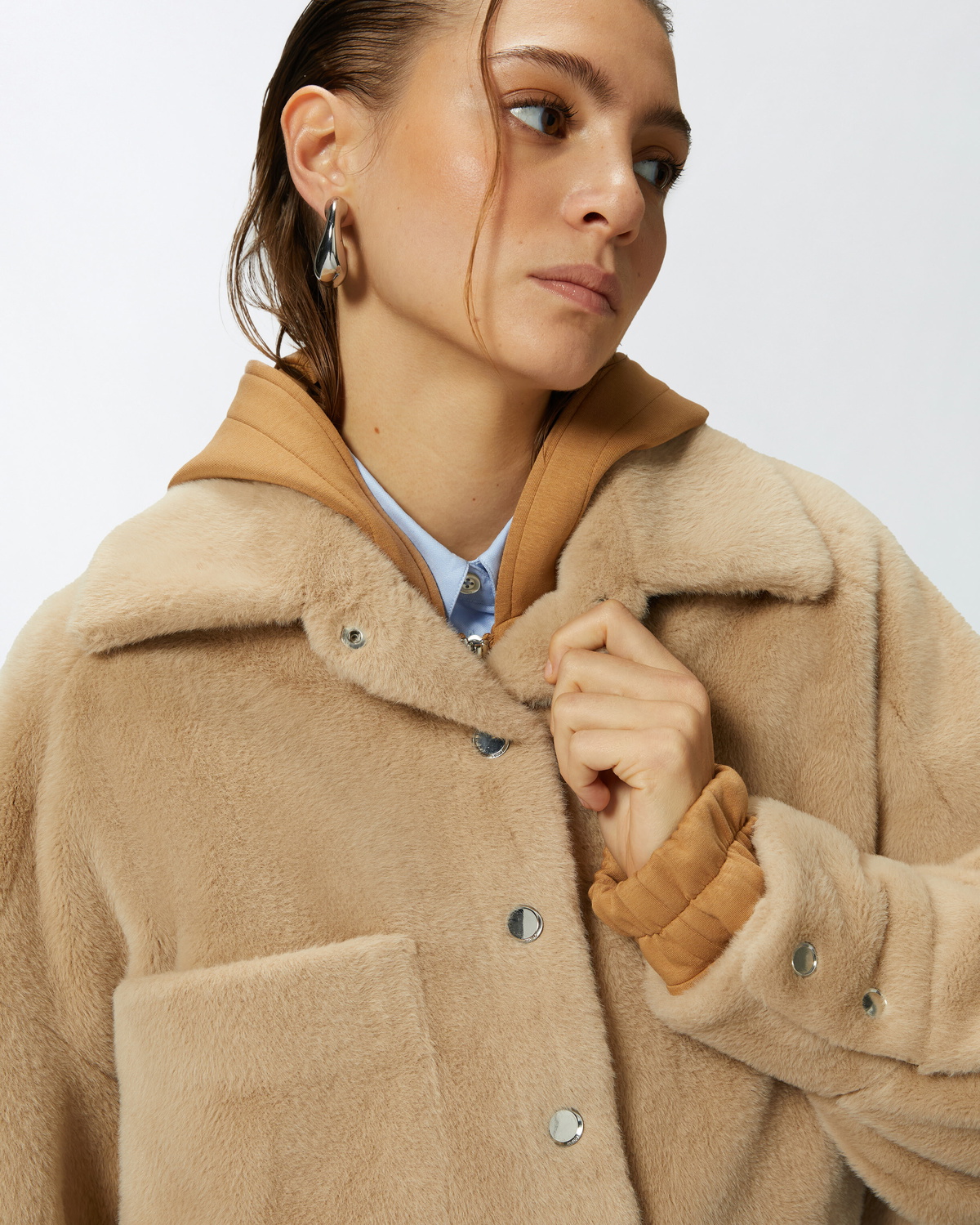 Pinko Soft Sheepskin Effect Shacket Nomade Beige Pinko