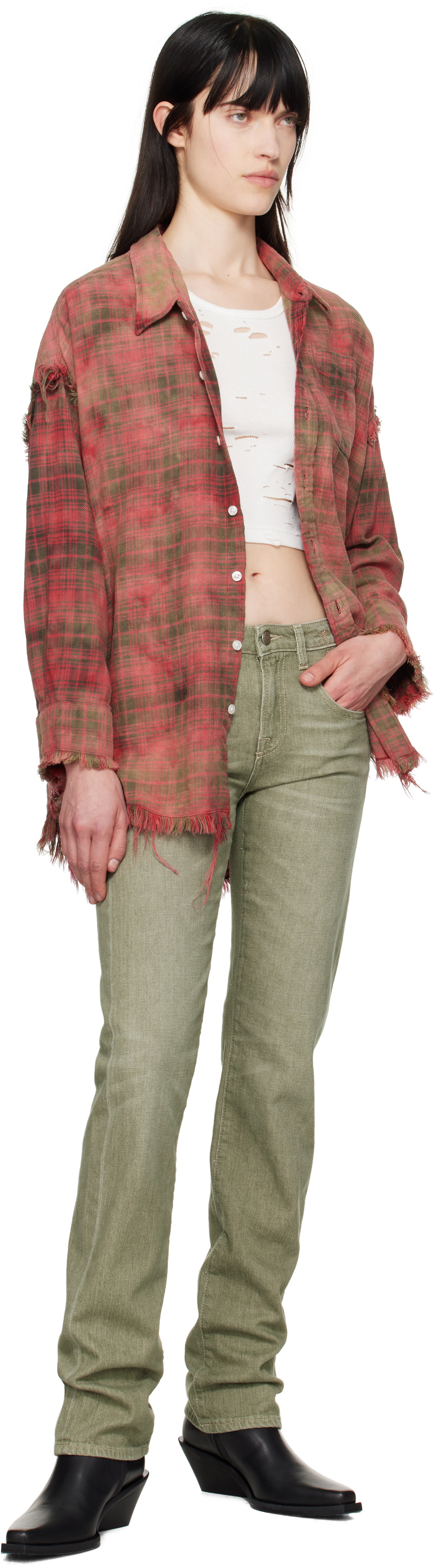 R13 Red Shredded Seam Drop Neck Shirt R13