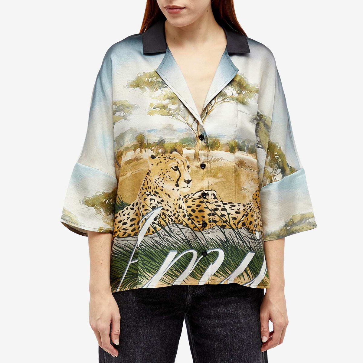 AMIRI Women's Cheetah Logo Silk Shirt in Multi Silk Amiri AMIRI Women's Cheetah Logo Silk Shirt in Multi Silk Amiri