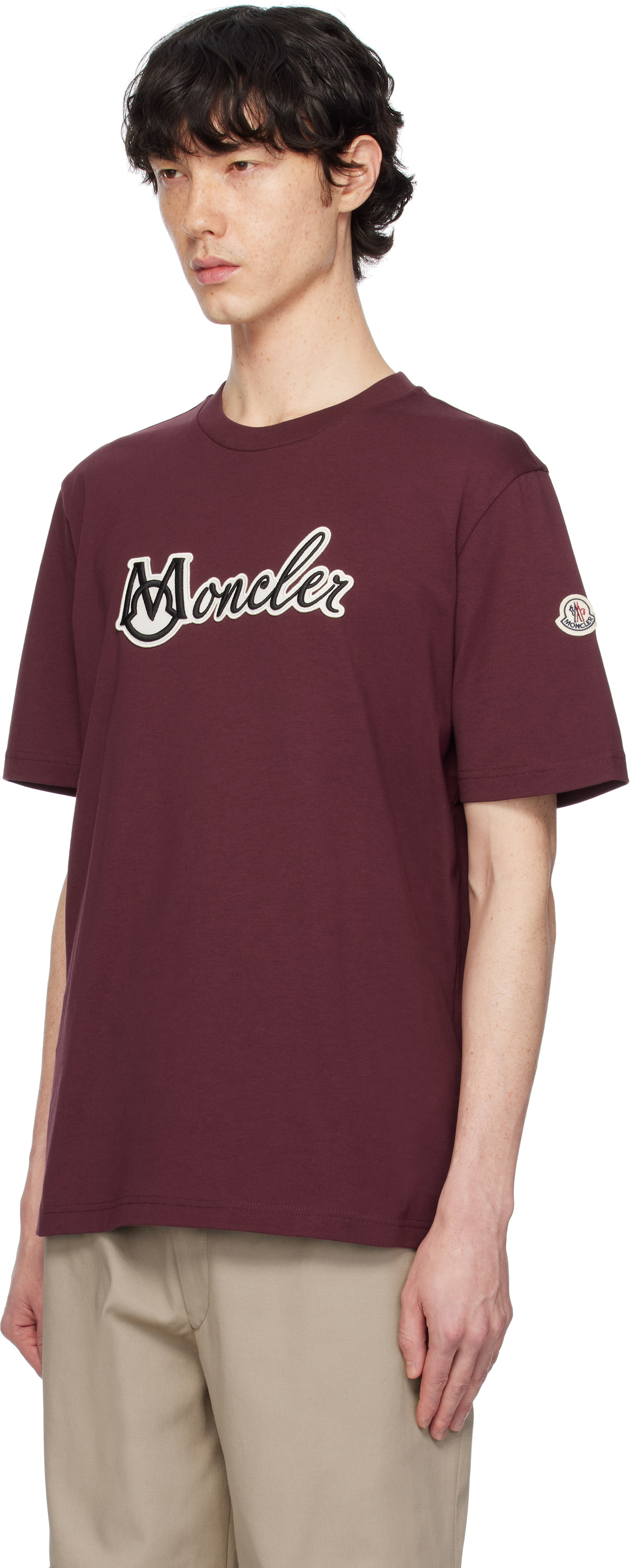 Moncler Burgundy Embroidered Varsity Logo Cotton T-shirt Moncler