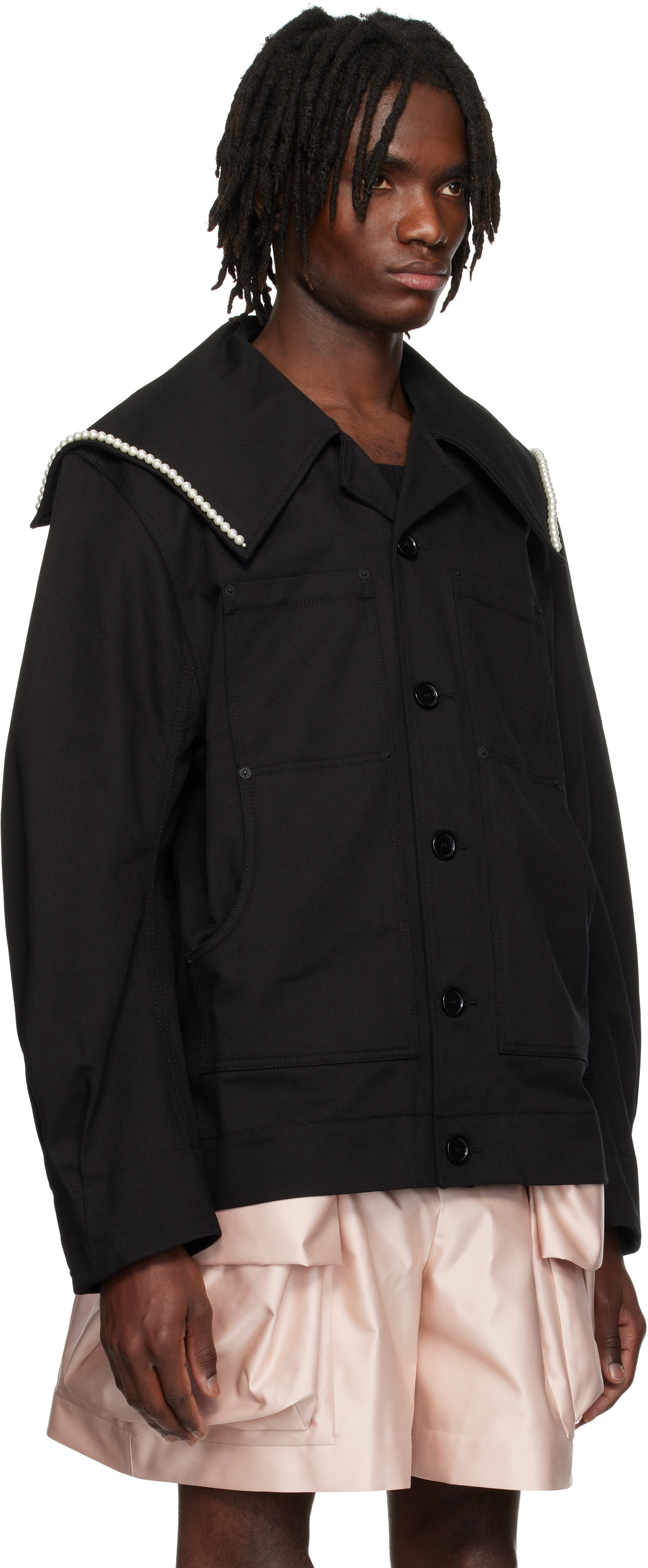 Simone Rocha Black Beaded Sailor Collar Workwear Jacket Simone Rocha