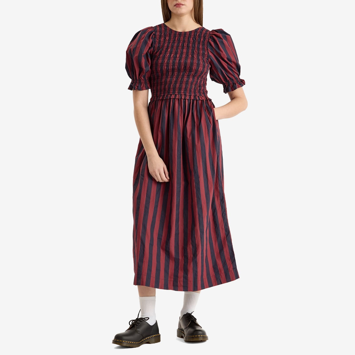Damson Madder Women's Tie Front Striped Midi Dress in Red And Navy ...