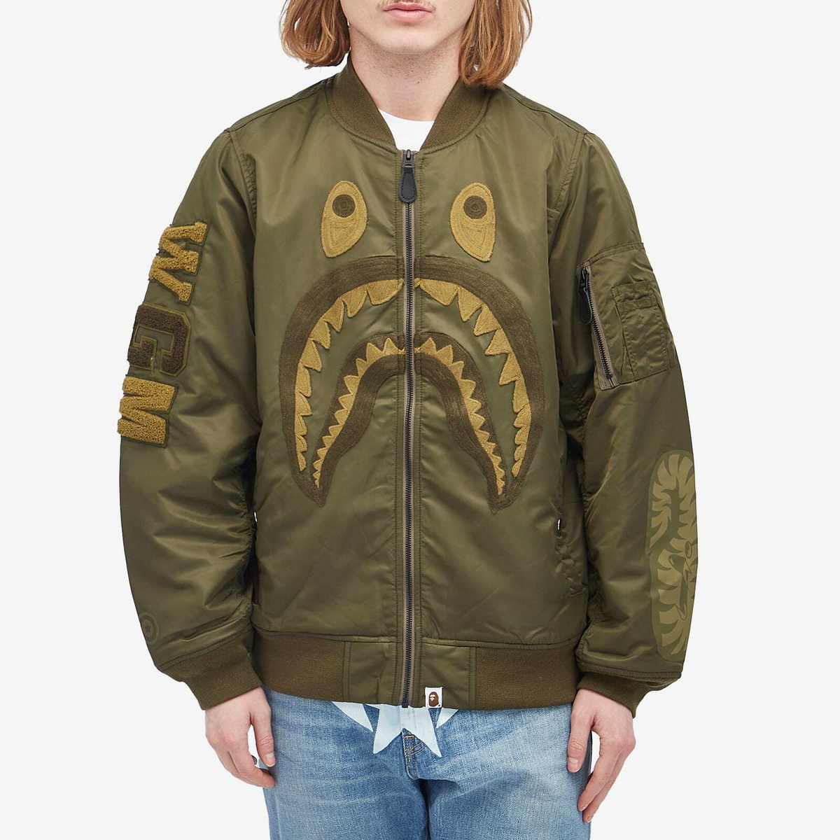 A Bathing Ape Men's Shark MA-1 Jacket in Olive A Bathing Ape