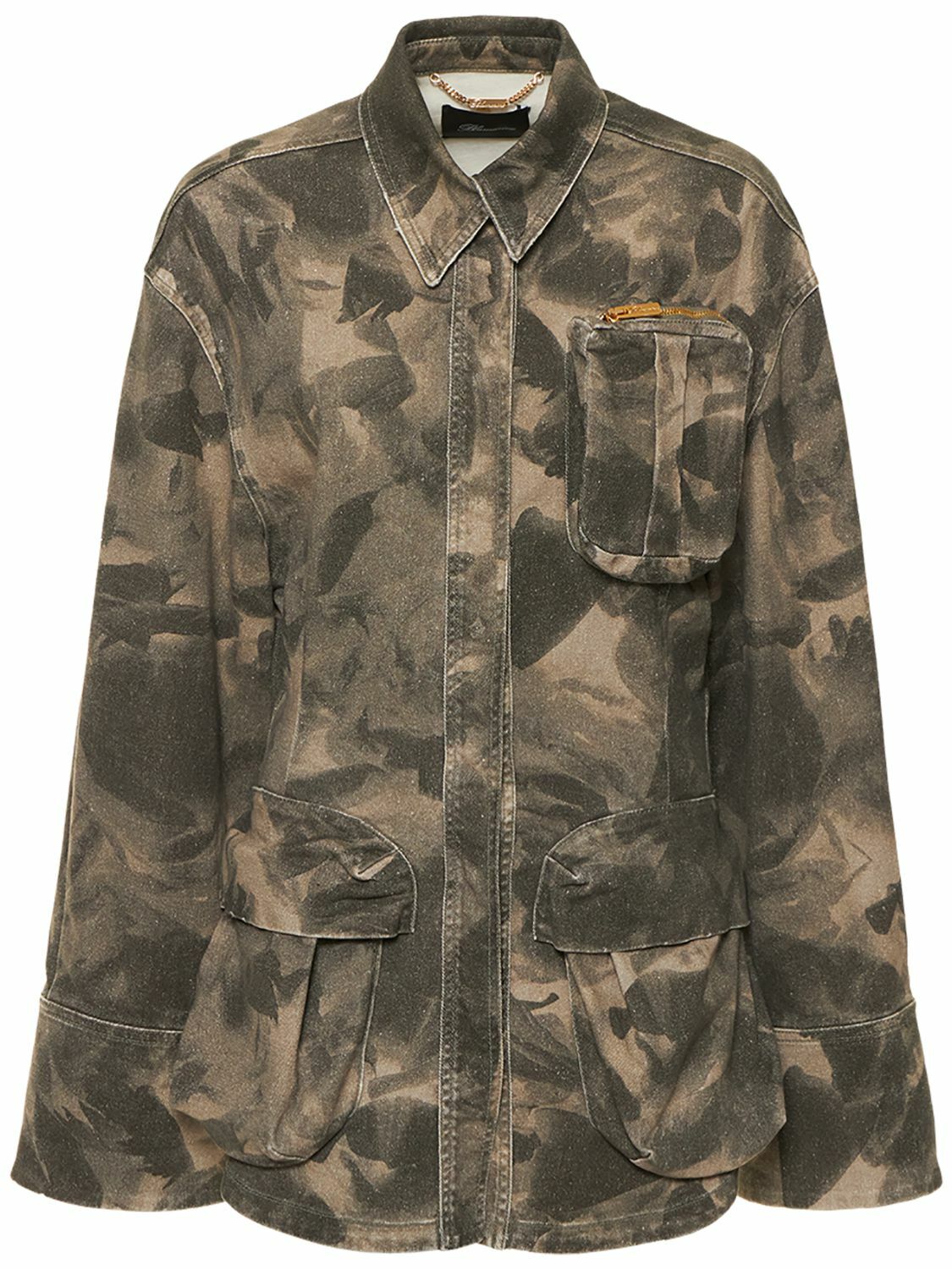 BLUMARINE Cotton Denim Military Print Field Jacket Blumarine