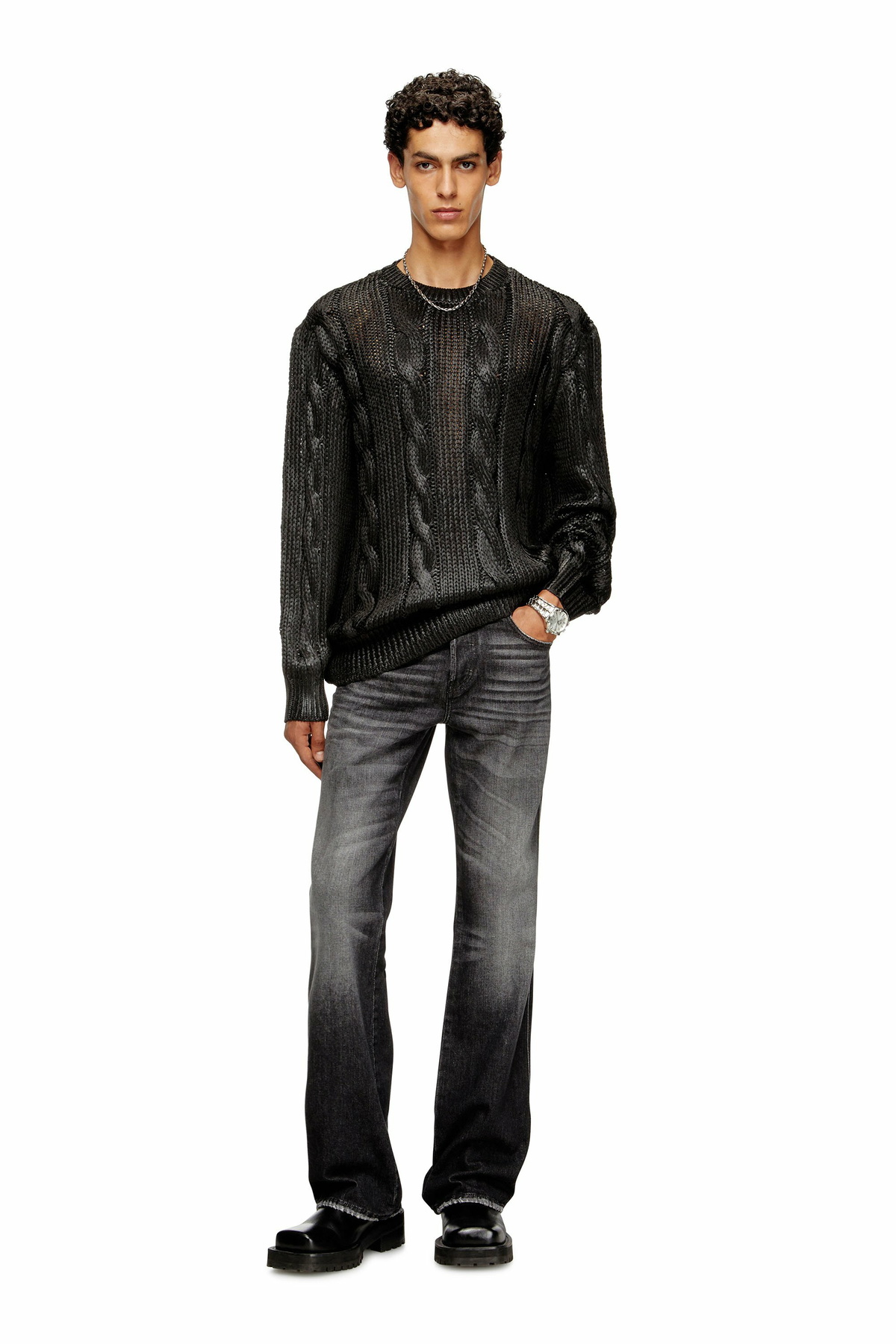 Diesel Cable-knit jumper with shiny effect - Knitwear Mens in Black Diesel