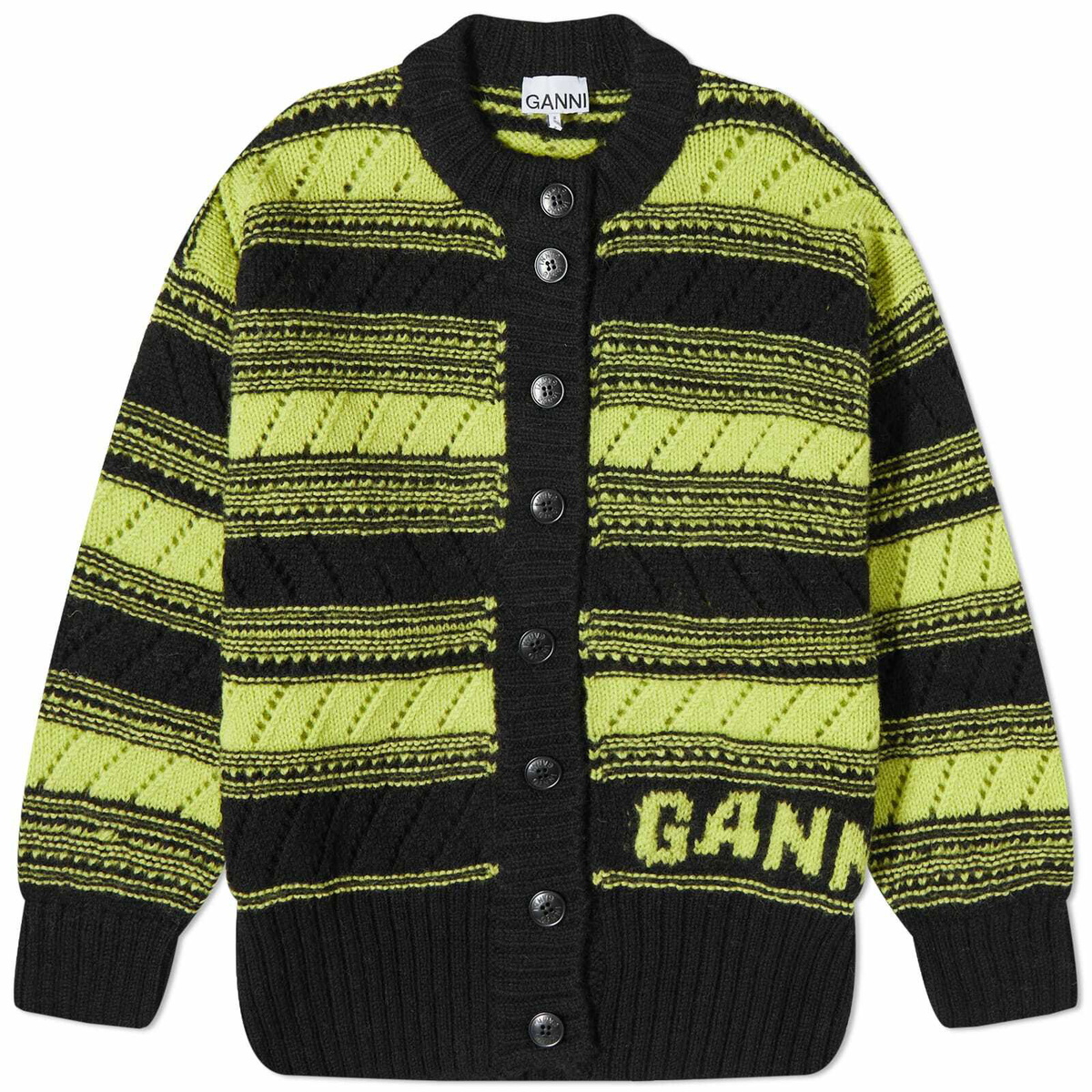 GANNI Women's Organic Wool Stripe Cardigan in Black GANNI