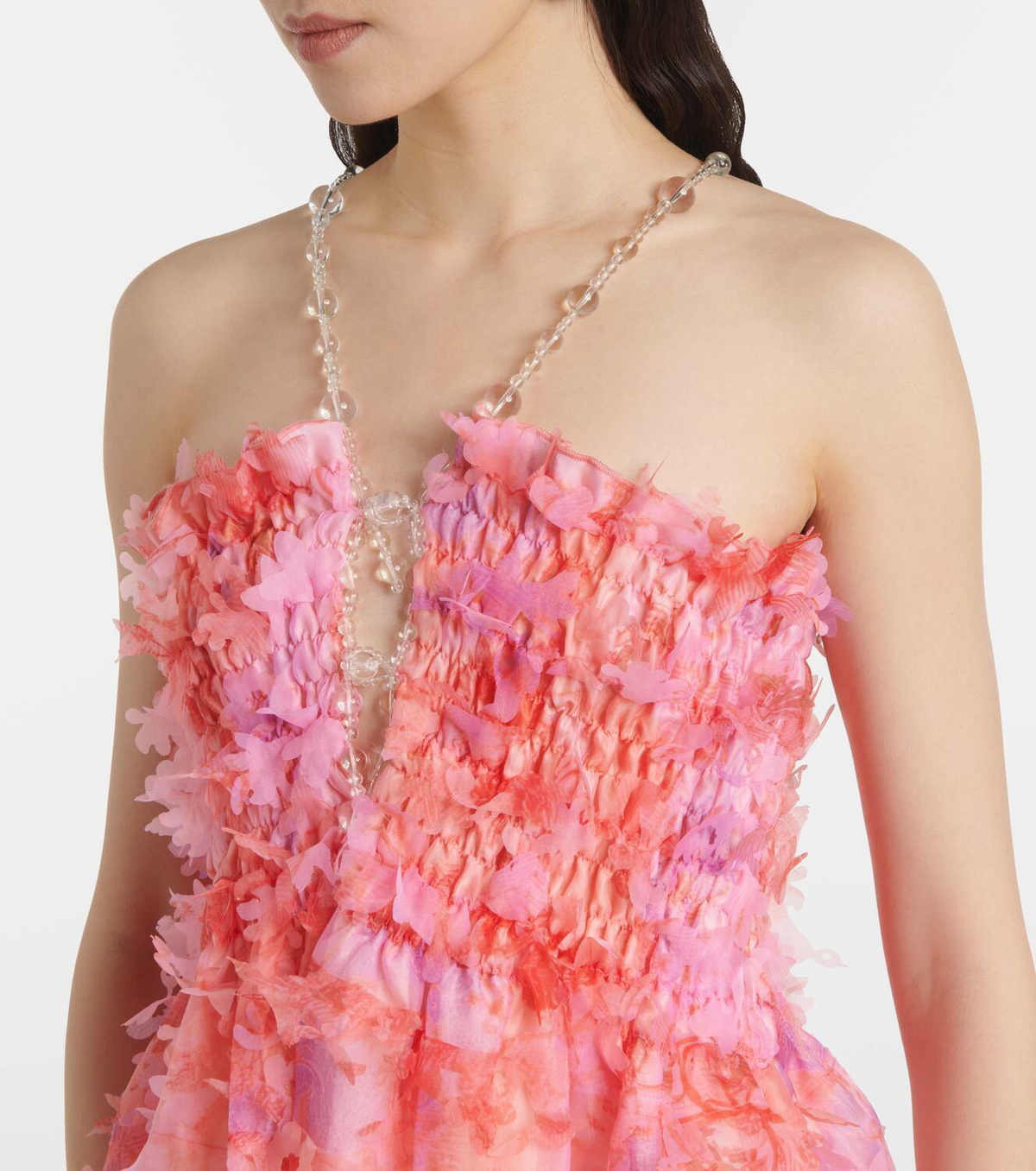 Susan Fang Floral-appliqué smocked tulle midi dress Susan Fang