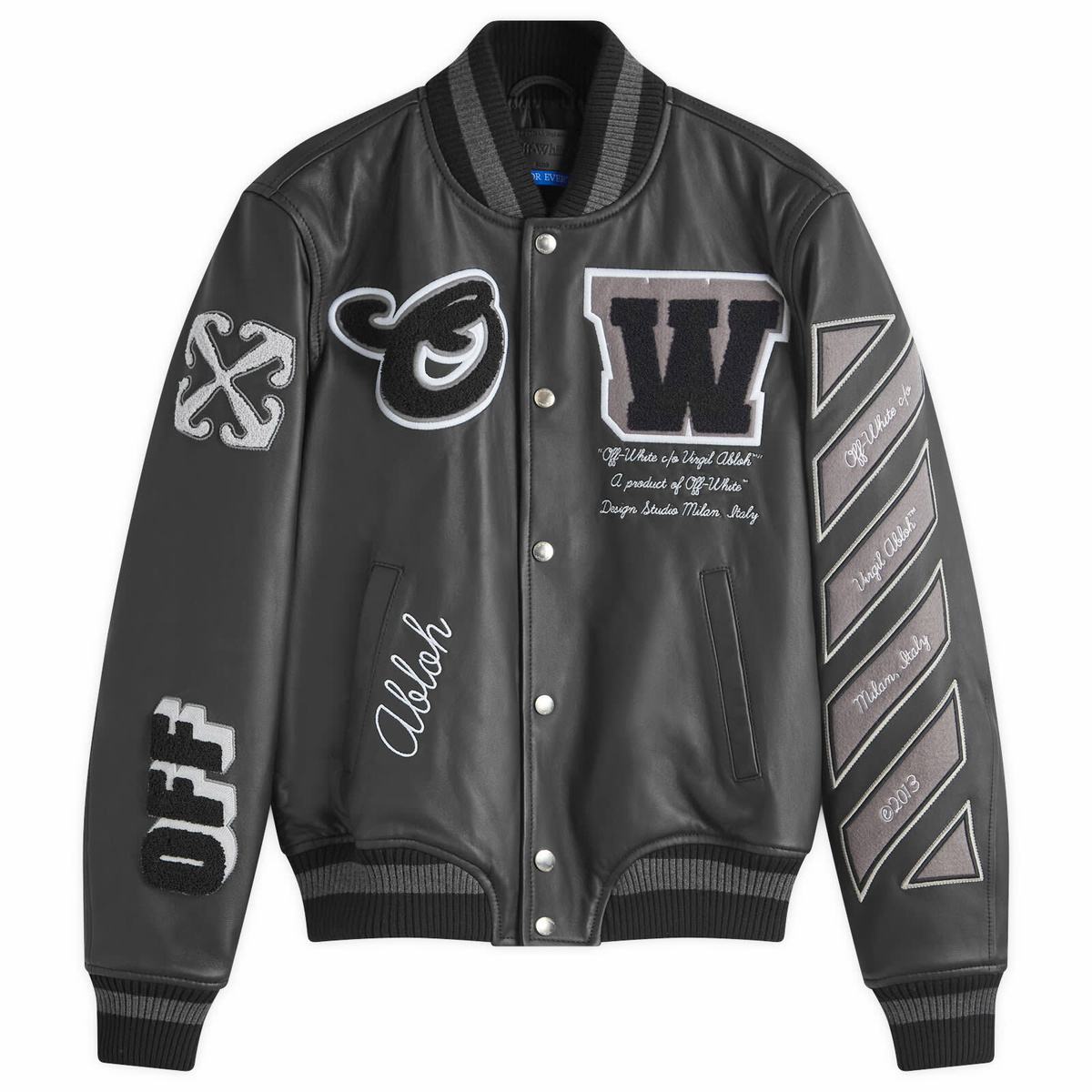 Off-White Men's Leather Varsity Jacket in Black Off-White