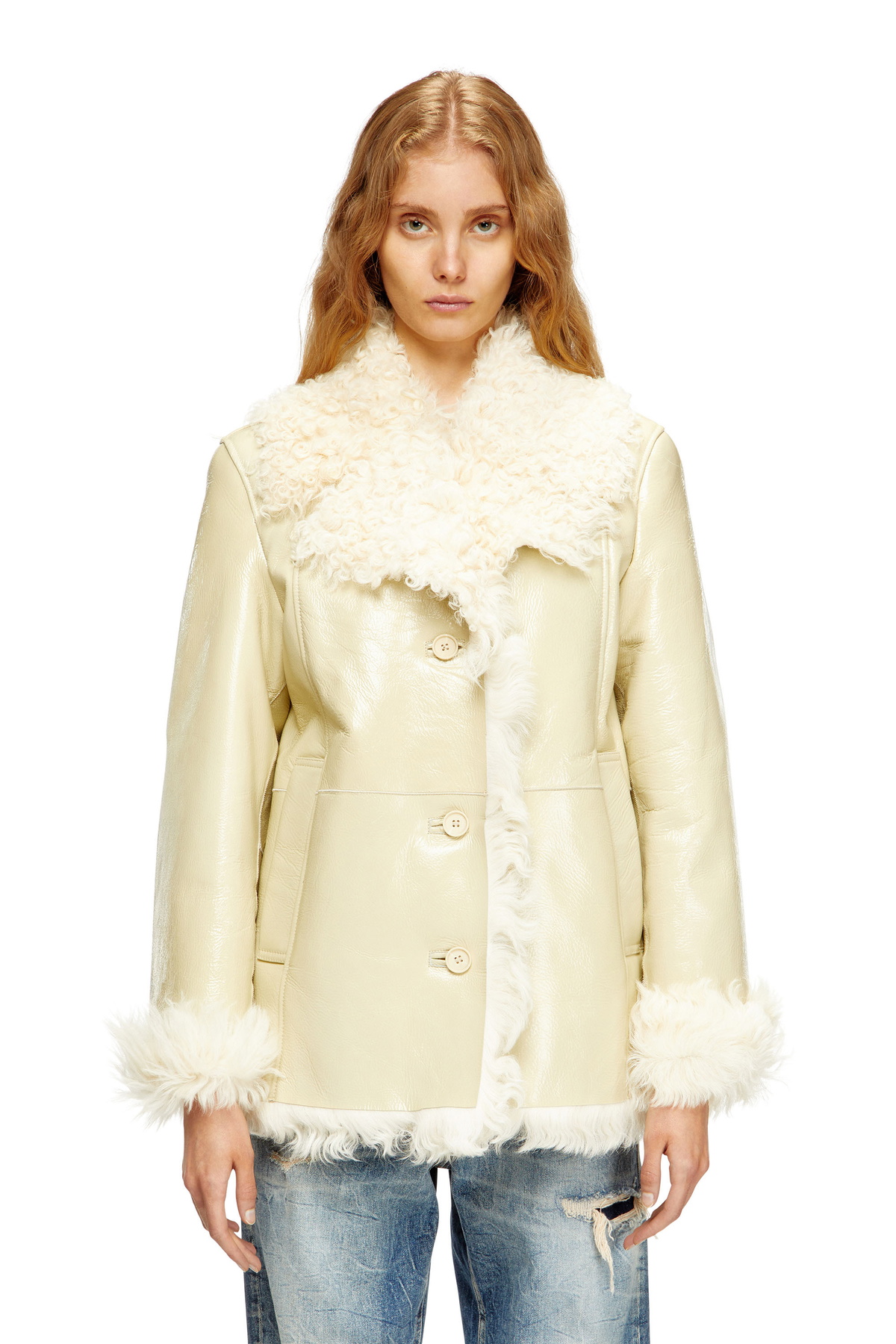 Diesel Patent shearling jacket - Leather jackets Womens in Beige Diesel