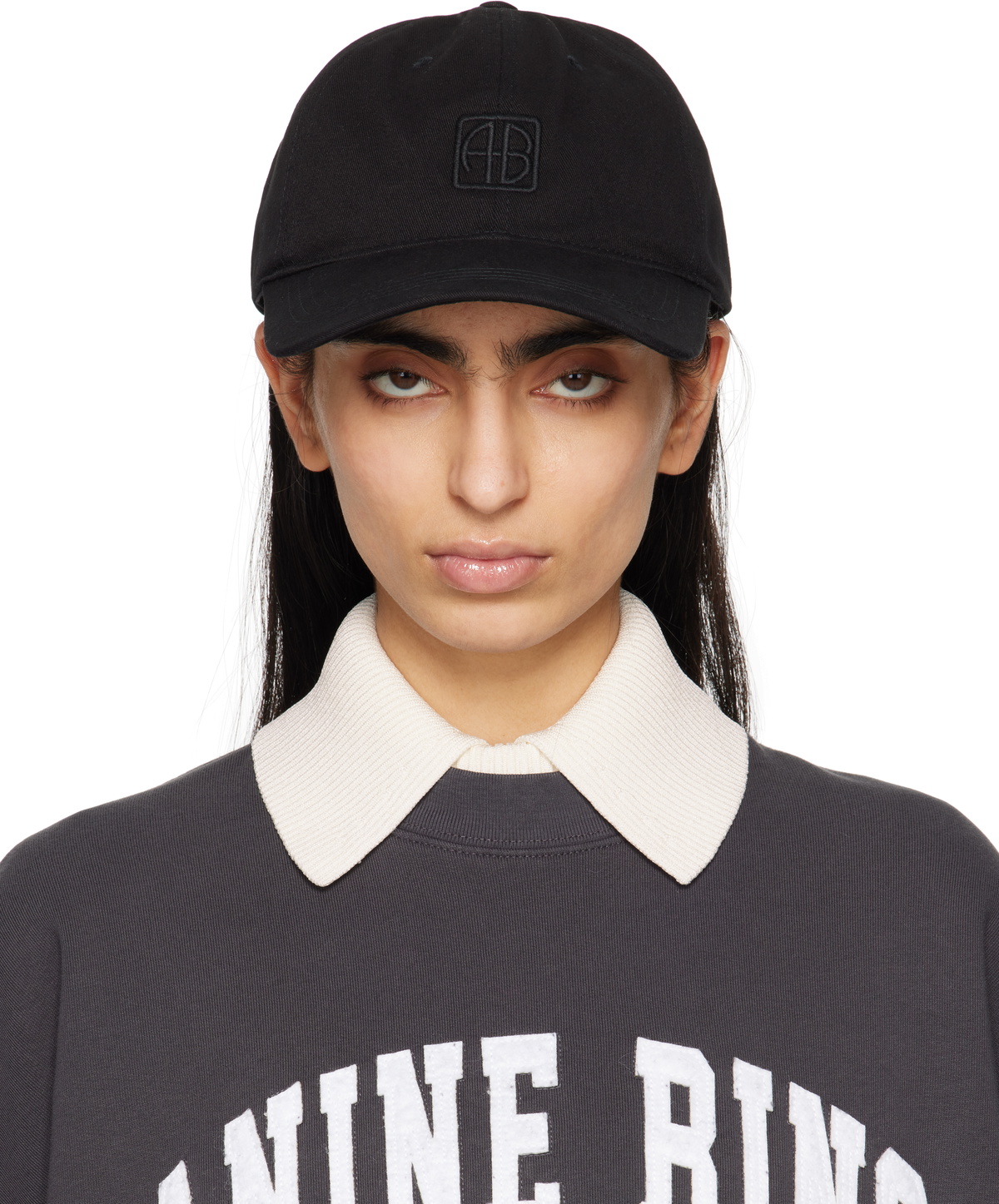 ANINE BING Black Jeremy Framed Monogram Baseball Cap ANINE BING