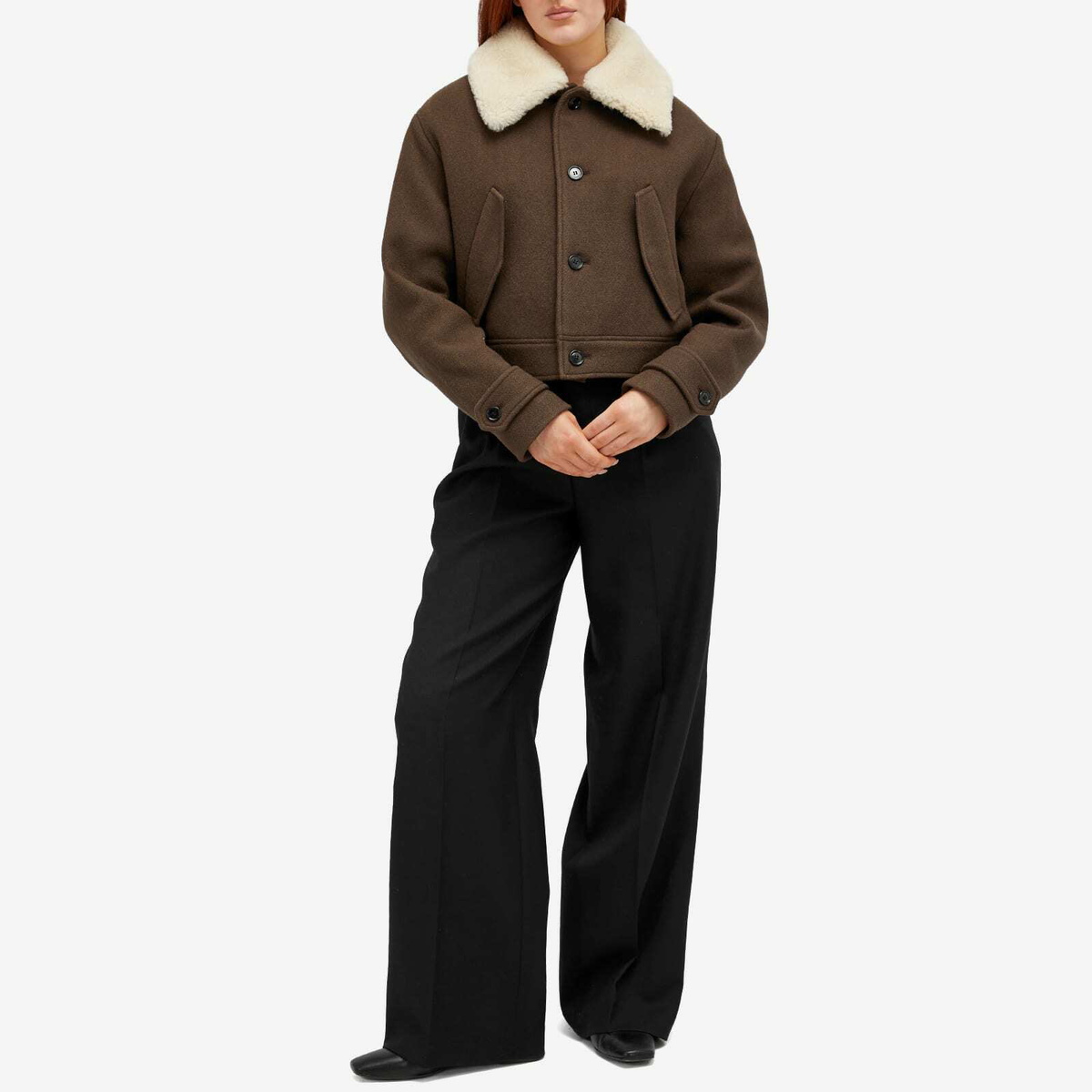 AMI Paris Women's Shearling Collar Jacket in Dark Coffee AMI