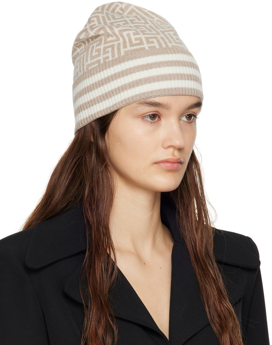 Balmain White & Beige Monogram Beanie Balmain