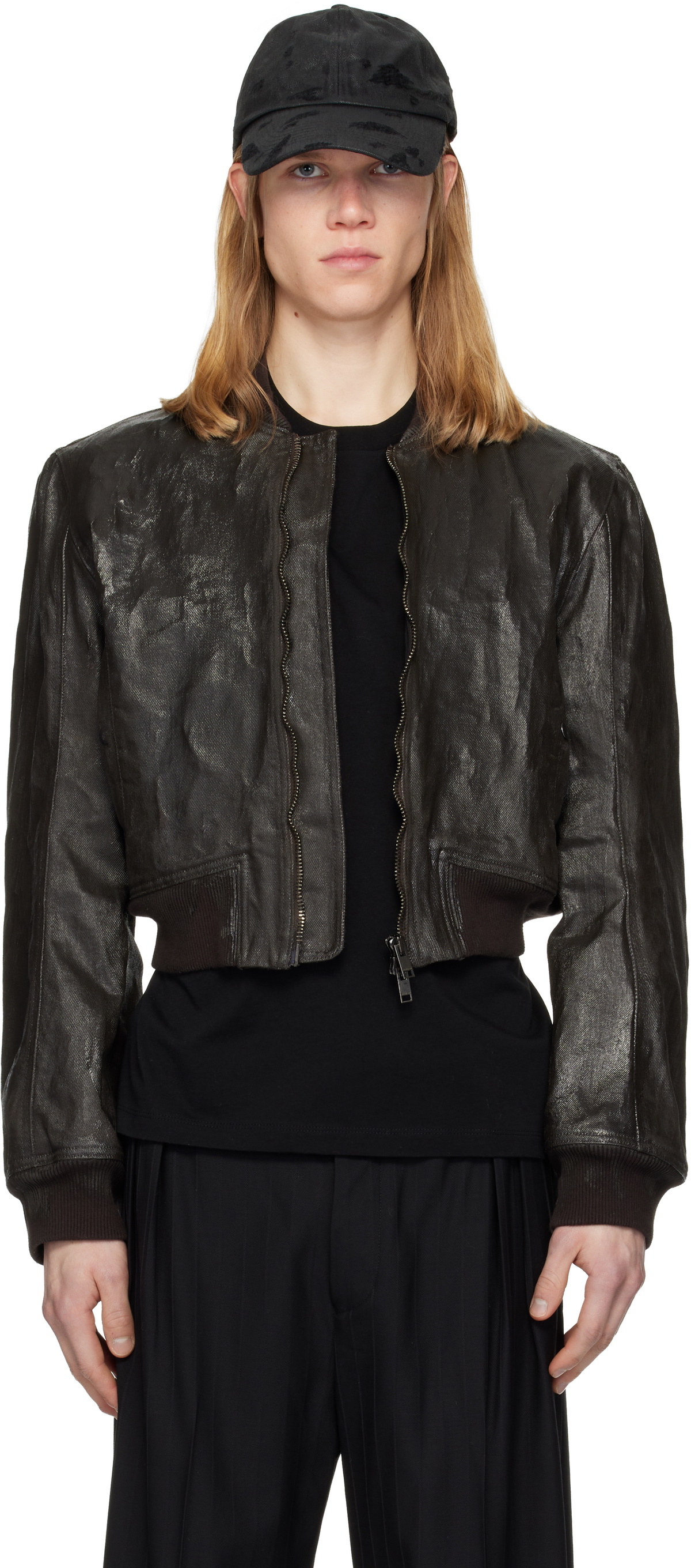 DET BLEV SENT Brown Locust Crack Waxed Denim Bomber Jacket