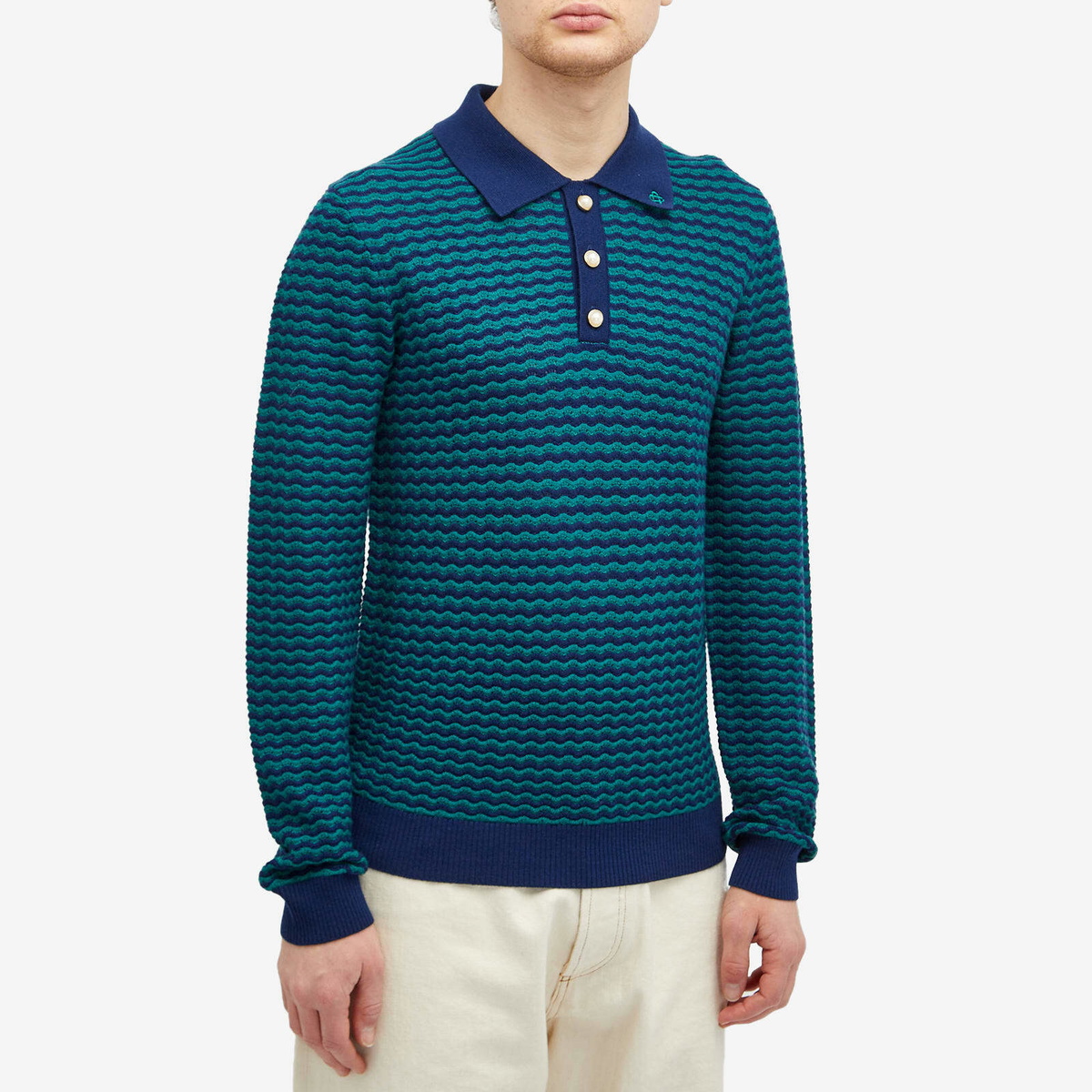 Casablanca Men's Mini Wave Polo Shirt in Navy/Green Casablanca