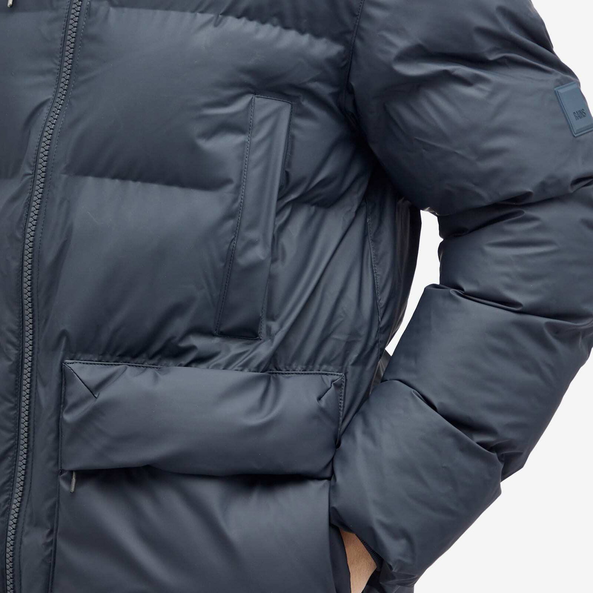 Rains Men's Alta Long Puffer Cargo Jacket in Navy Rains