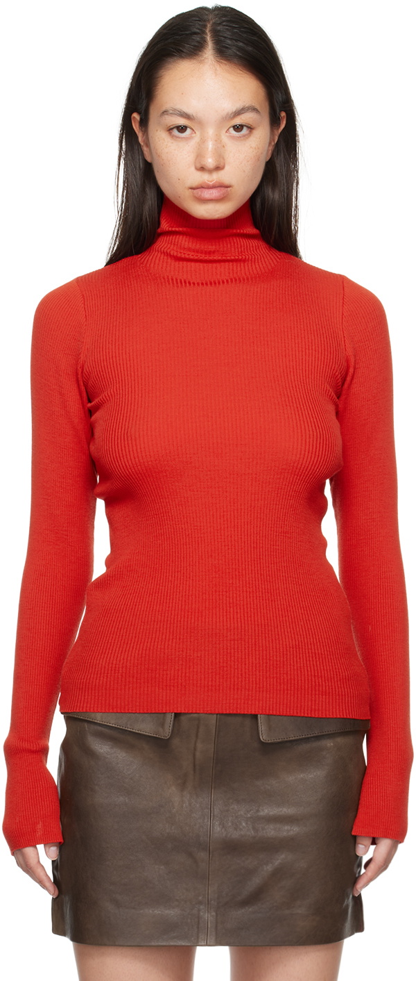 AURALEE Red Super Fine Wool High Gauge Rib Knit Turtleneck Auralee