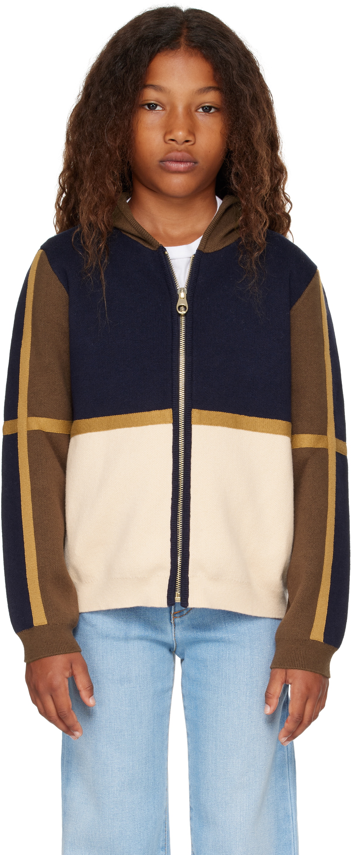 Chloé Kids Navy Colorblock Knit Zip Up Hoodie Chloe