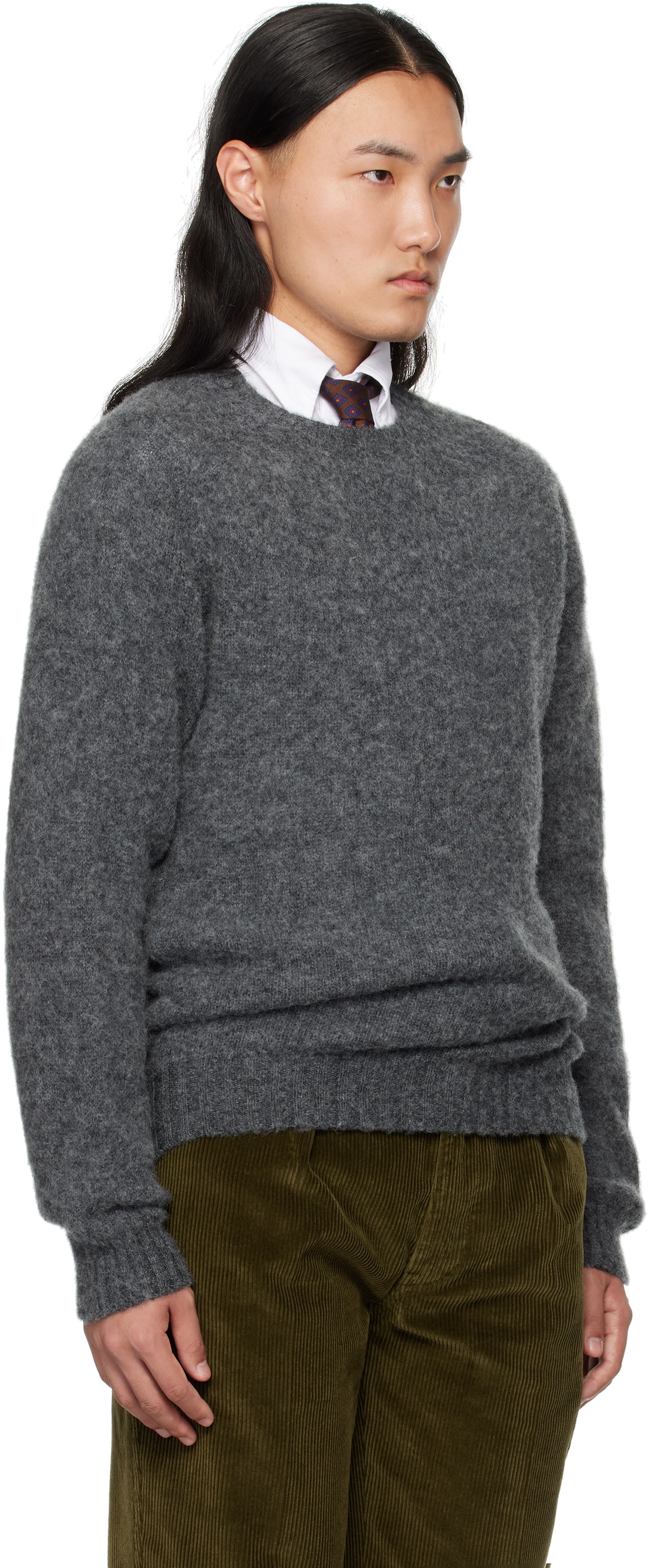 Drake's Gray Brushed Shetland Crew Neck Sweater Drake's
