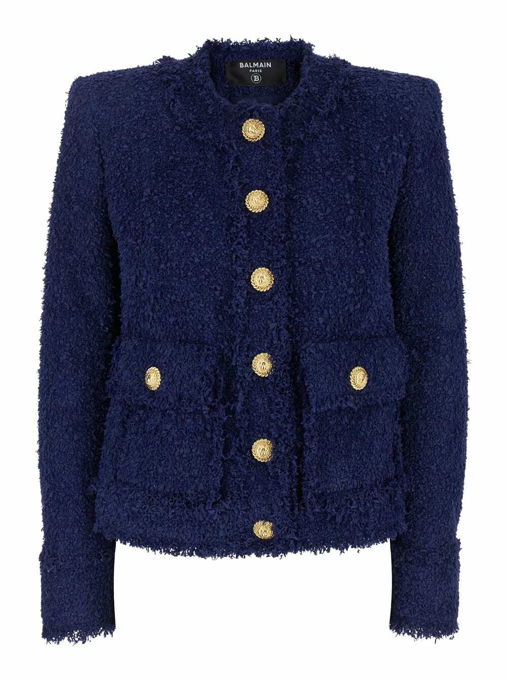 Balmain Blue Collarless Jacket With Gold Buttons In Tweed Woman Balmain
