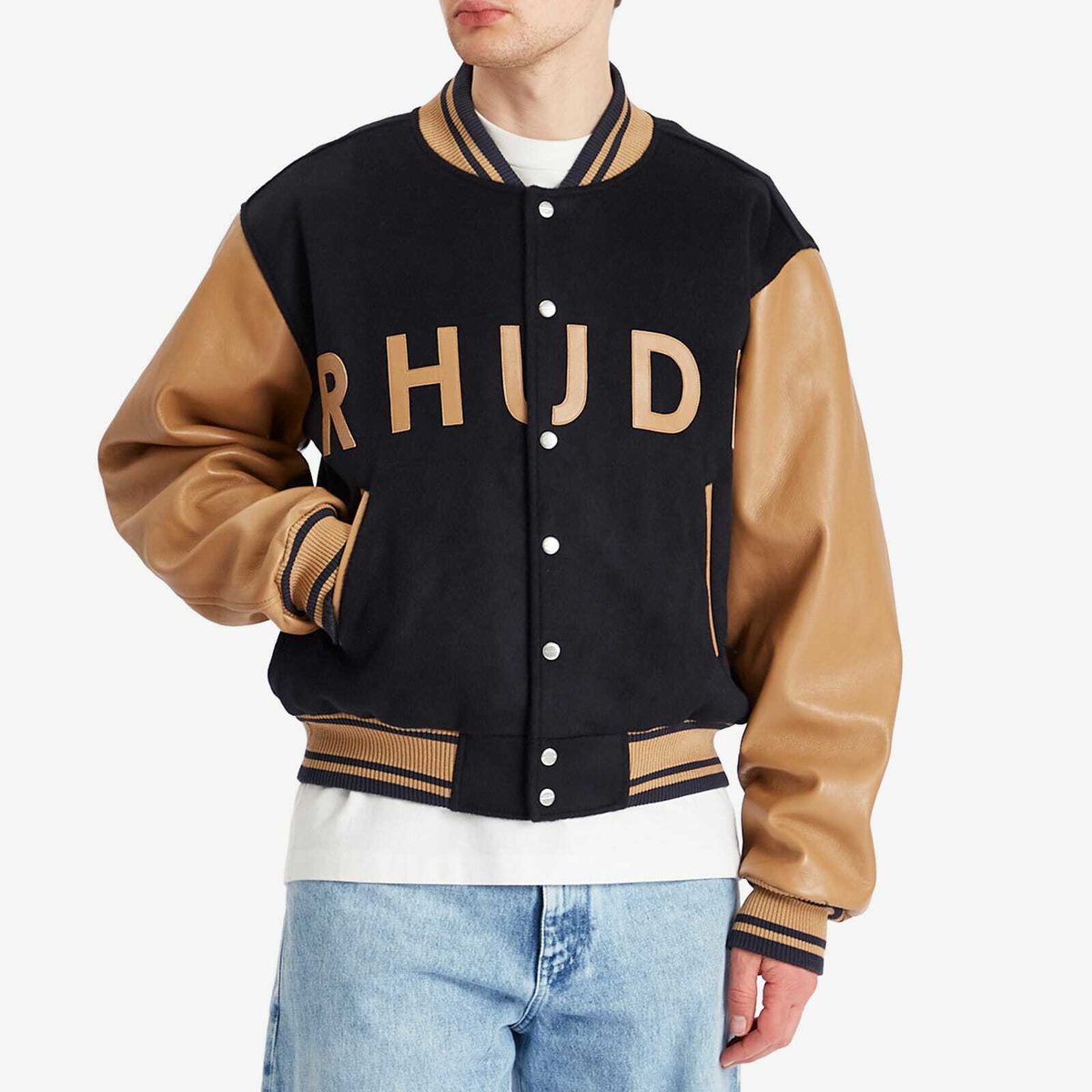 Rhude Men's Logo Varsity Jacket in Navy/Camel Rhude