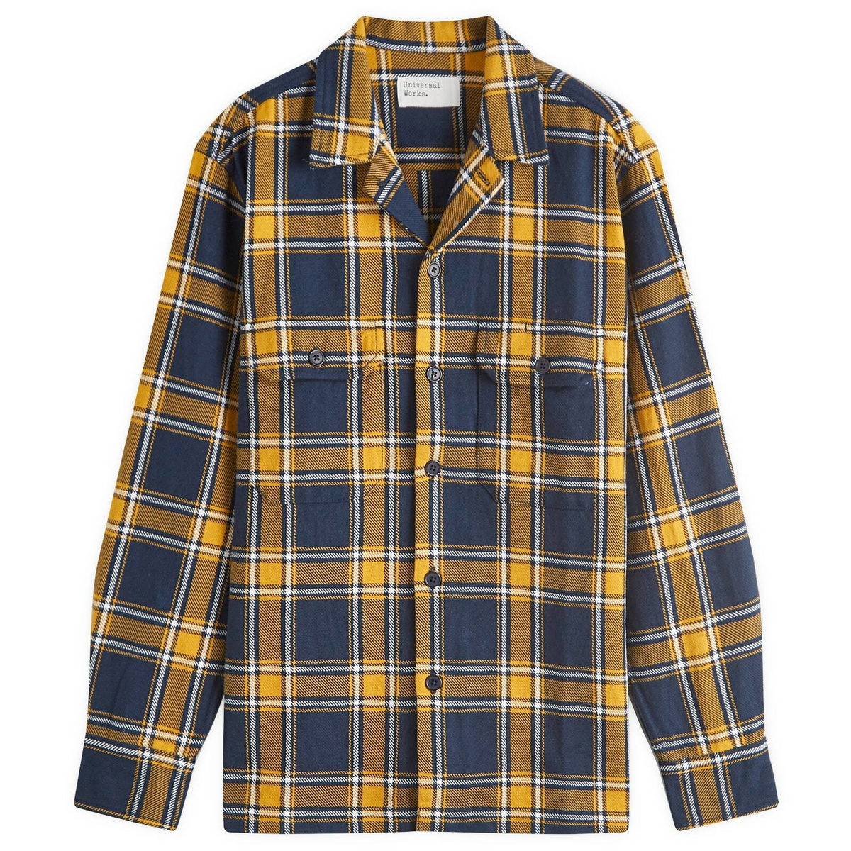 Universal Works Men's Twill Check Utility Overshirt in Yellow/Navy ...