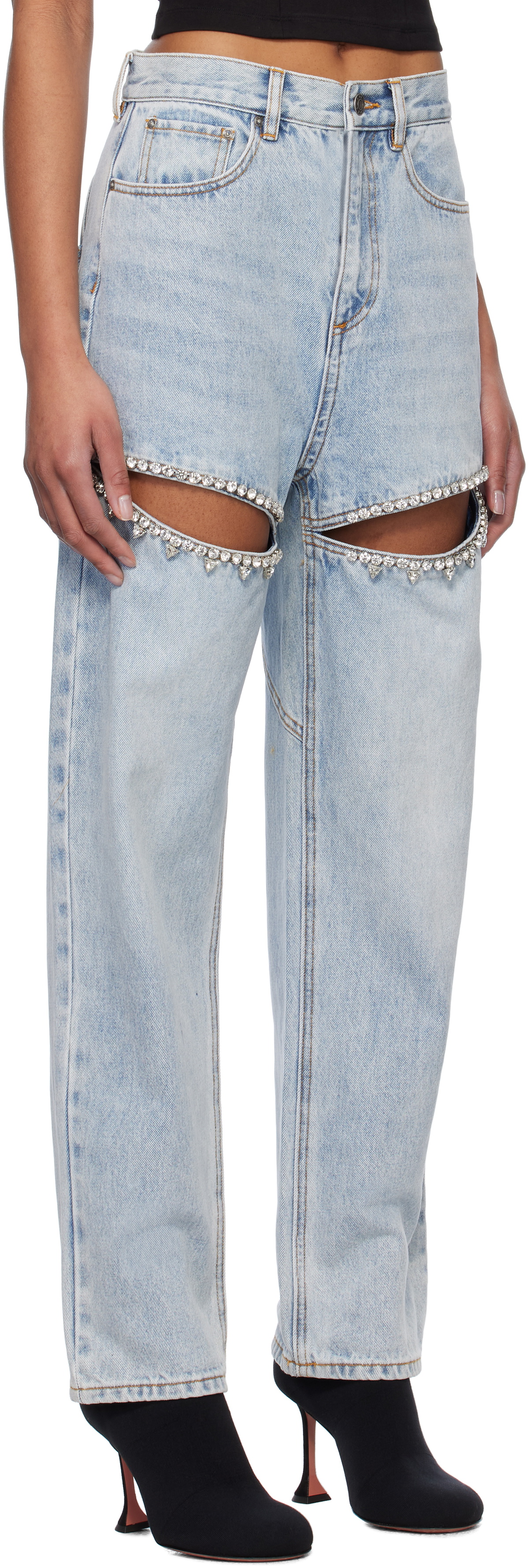 AREA Blue Crystal Slit Jeans AREA