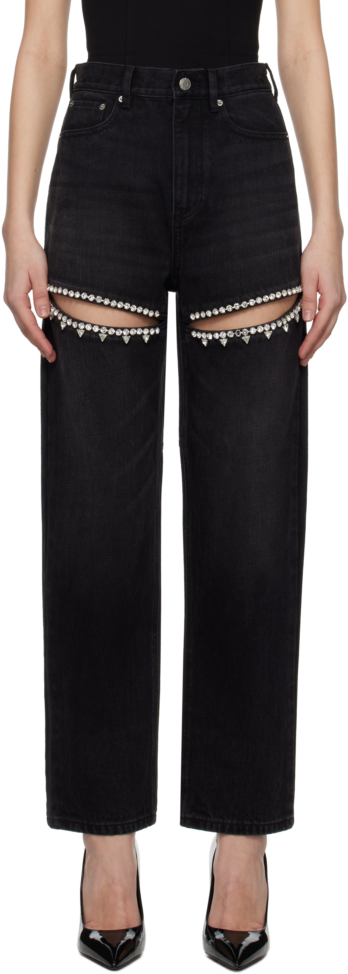 AREA Black Crystal Slit Jeans AREA