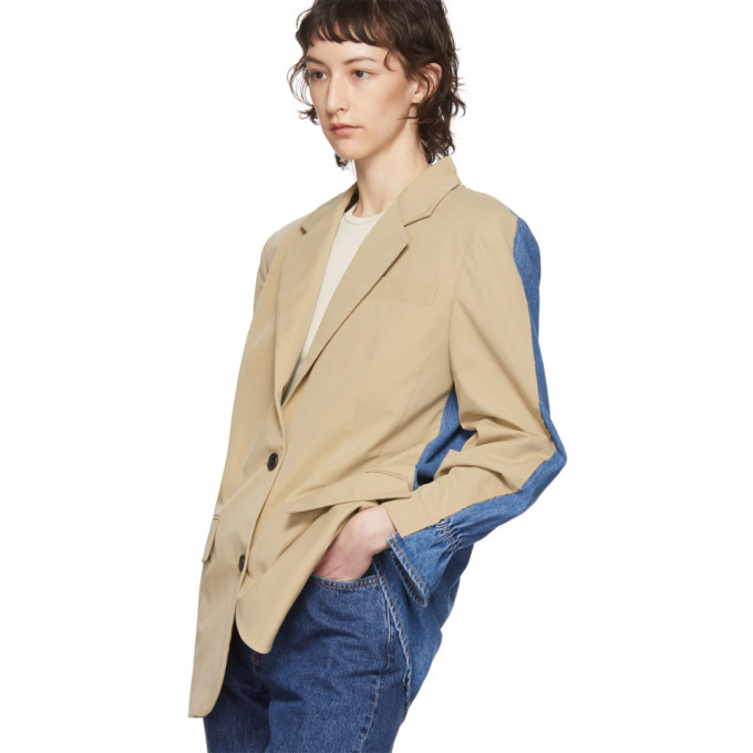 Pushbutton Beige and Blue Mixed Fabric Blazer Pushbutton