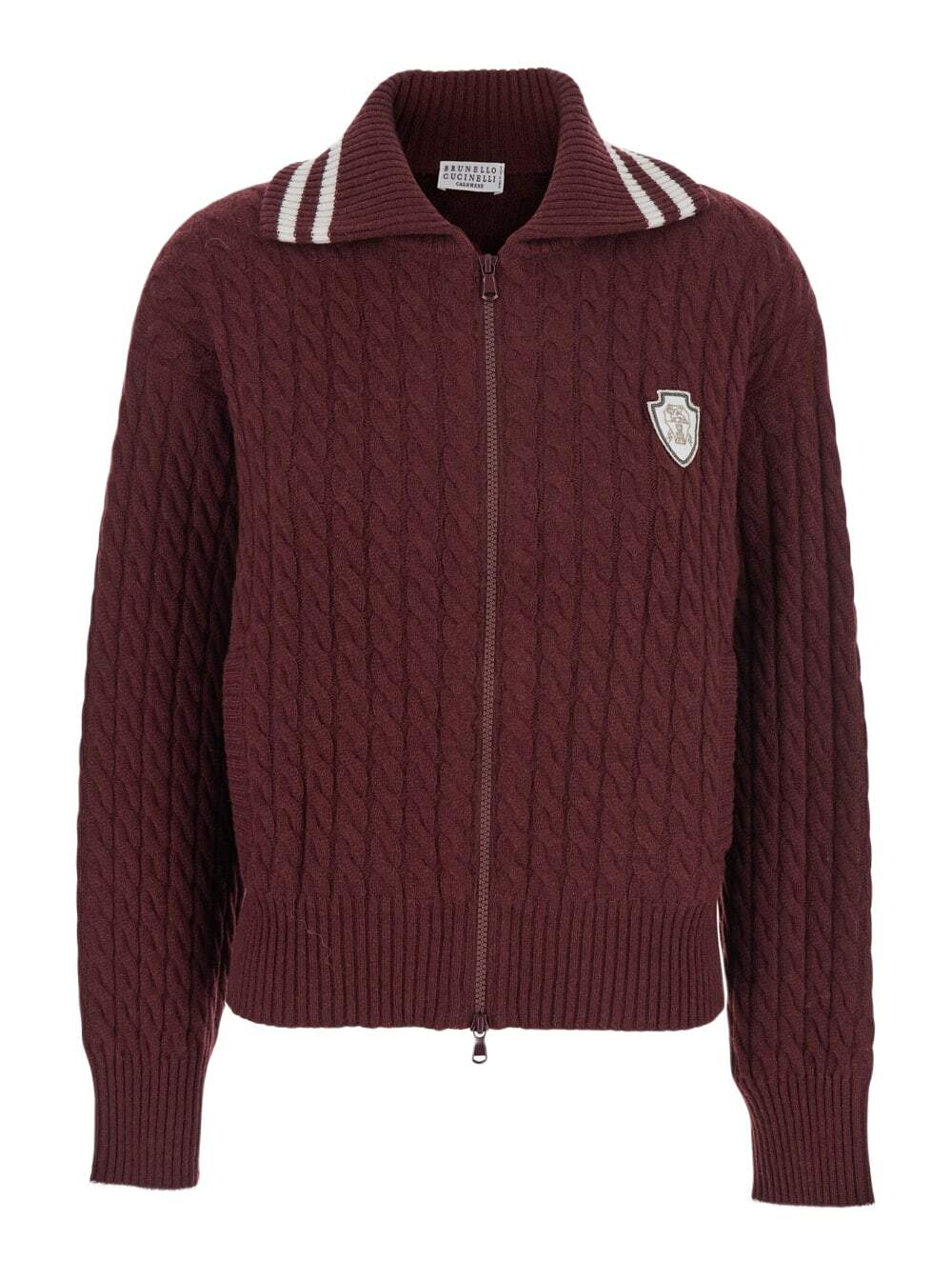 Brunello Cucinelli Red Cardigan With Bicolor Collar And Logo Patch On ...
