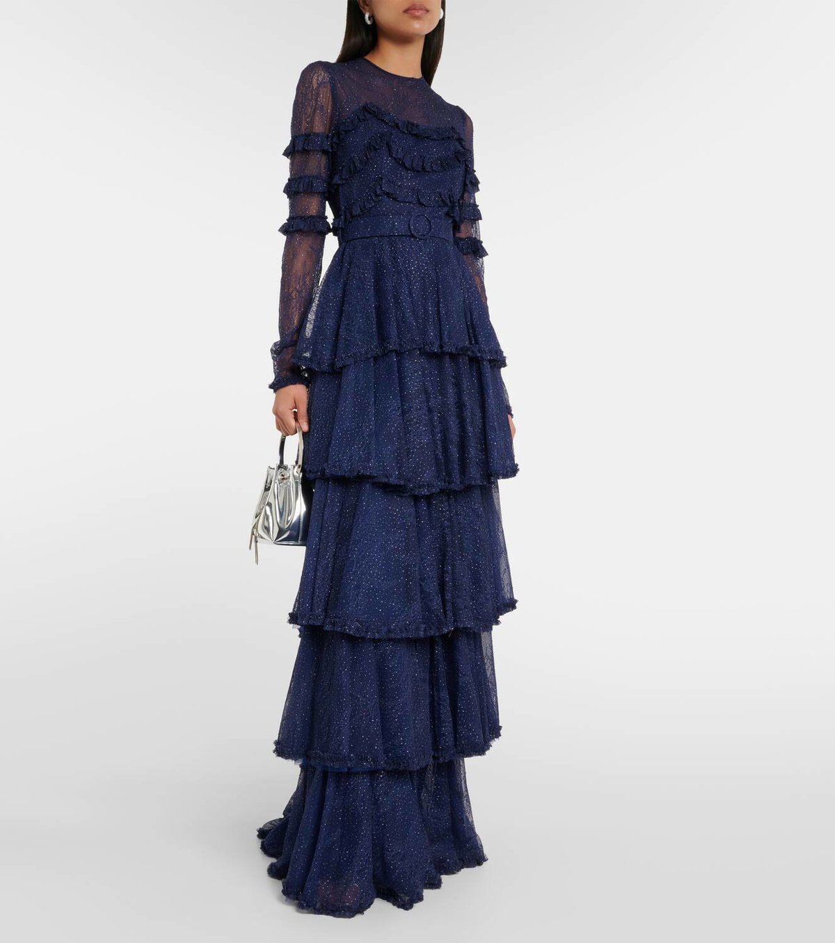 Costarellos Frill-trimmed tiered lace gown Costarellos