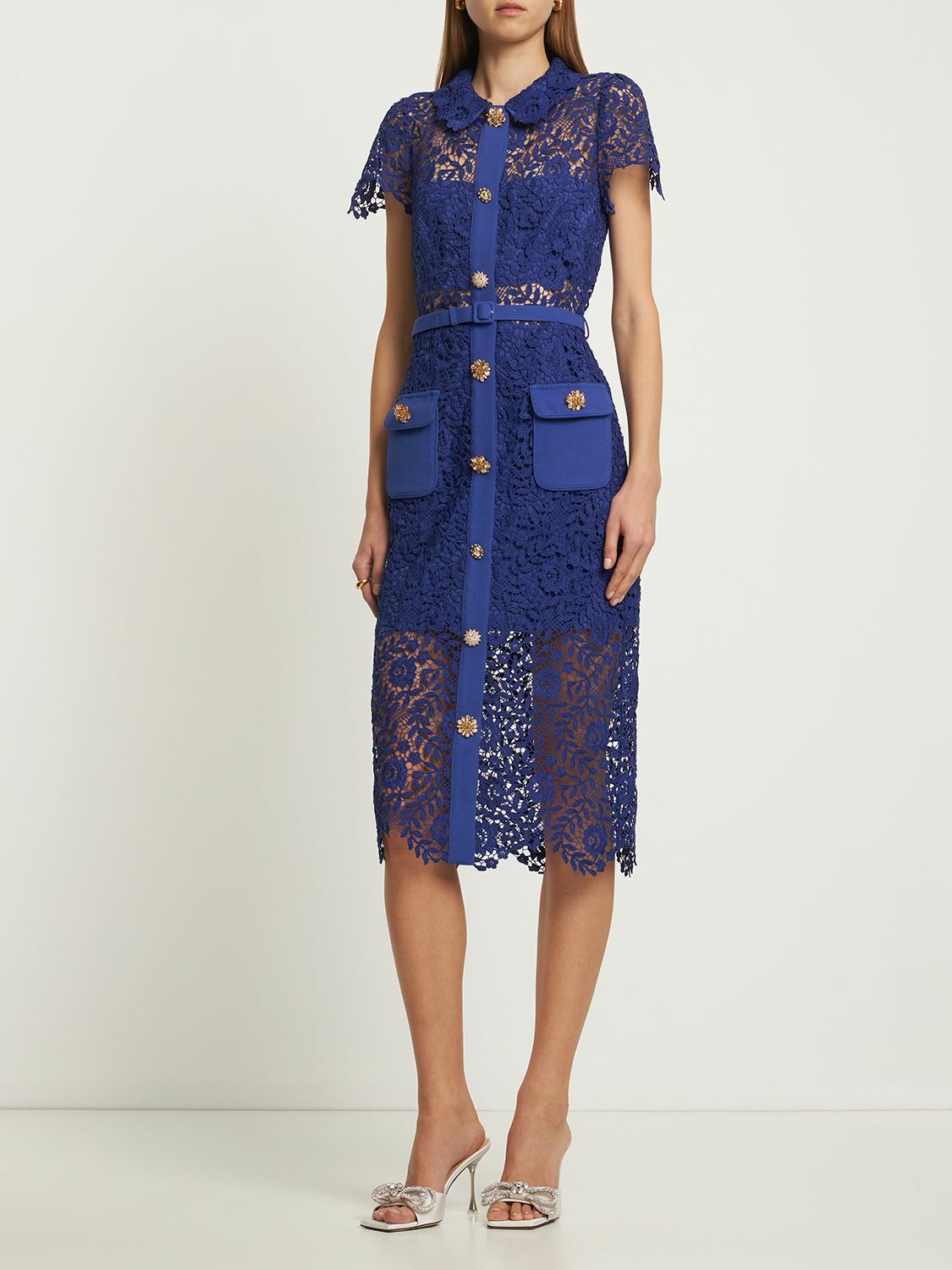 SELF-PORTRAIT - Cobalt Rose Lace Buttoned Midi Dress Self-Portrait