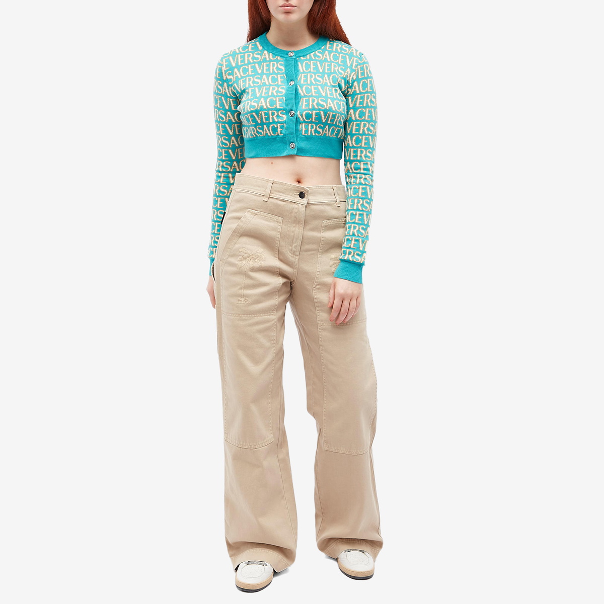 Versace Women's Logo Cropped Knit Cardigan in Blue Versace