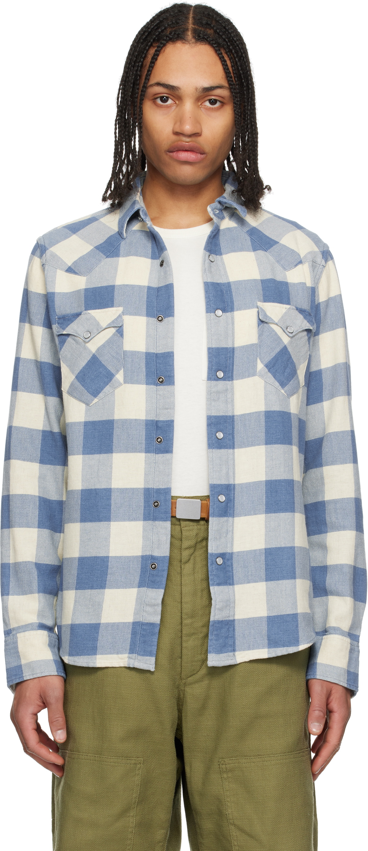 RRL Blue & White Slim Fit Plaid Twill Western Shirt RRL