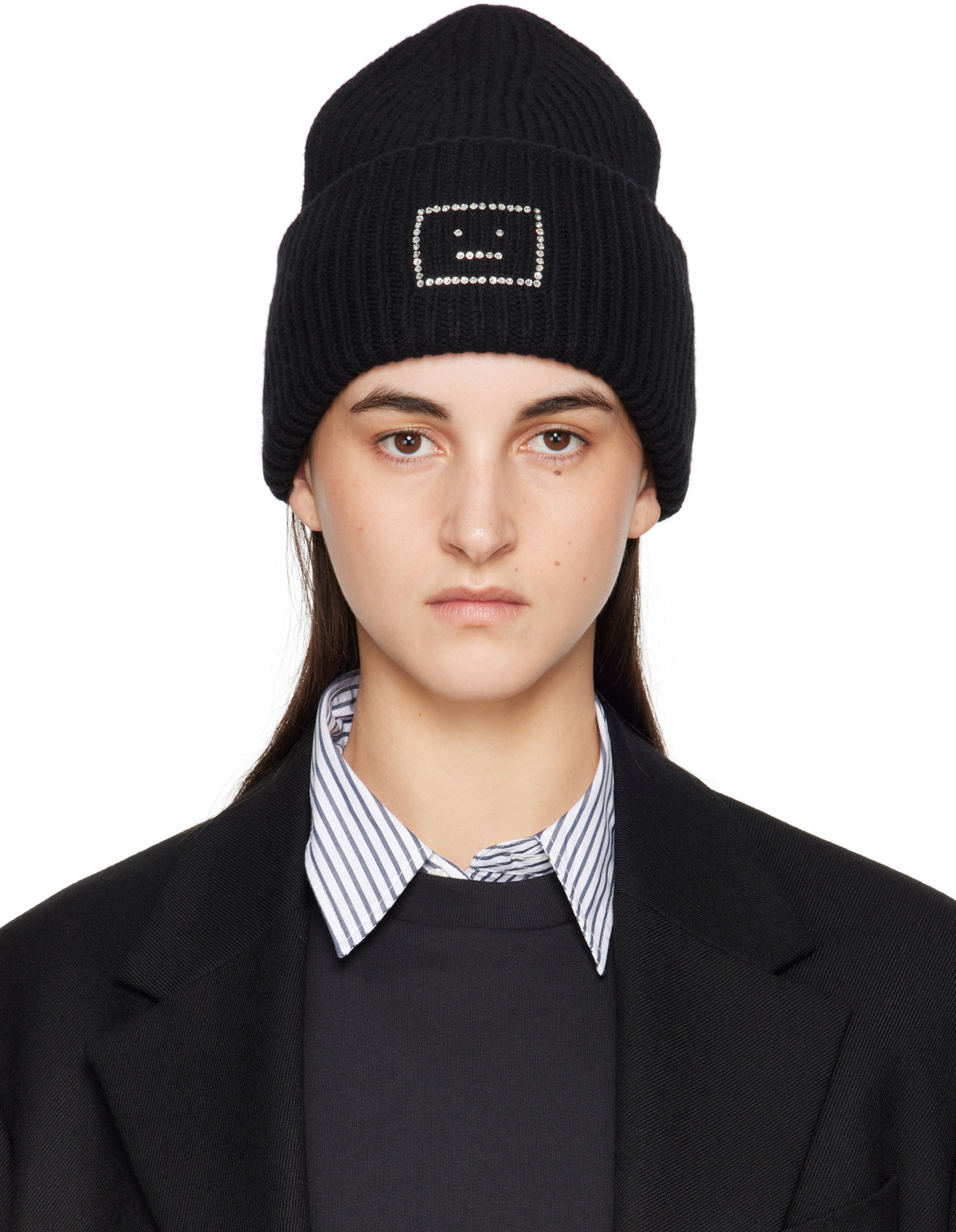 Acne Studios Black Embellished Face Logo Beanie Acne Studios